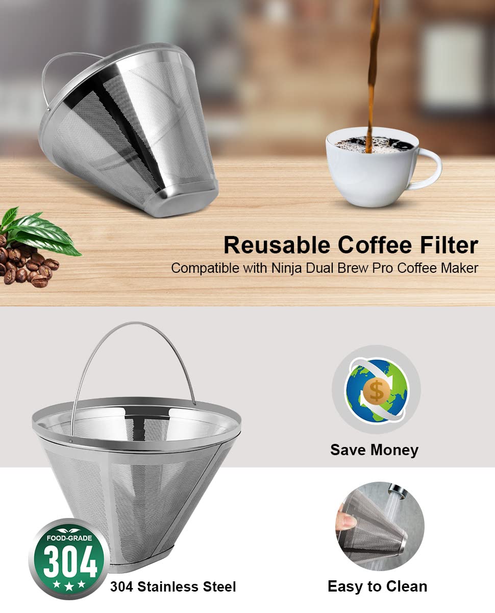 Reusable Coffee Filter for Ninja Dual Brew Coffee Maker, 2 Pack K Cup Reusable Coffee Pods and 2 Pack Stainless Steel Coffee Filter Compatible with Ninja DualBrew Pro CFPX