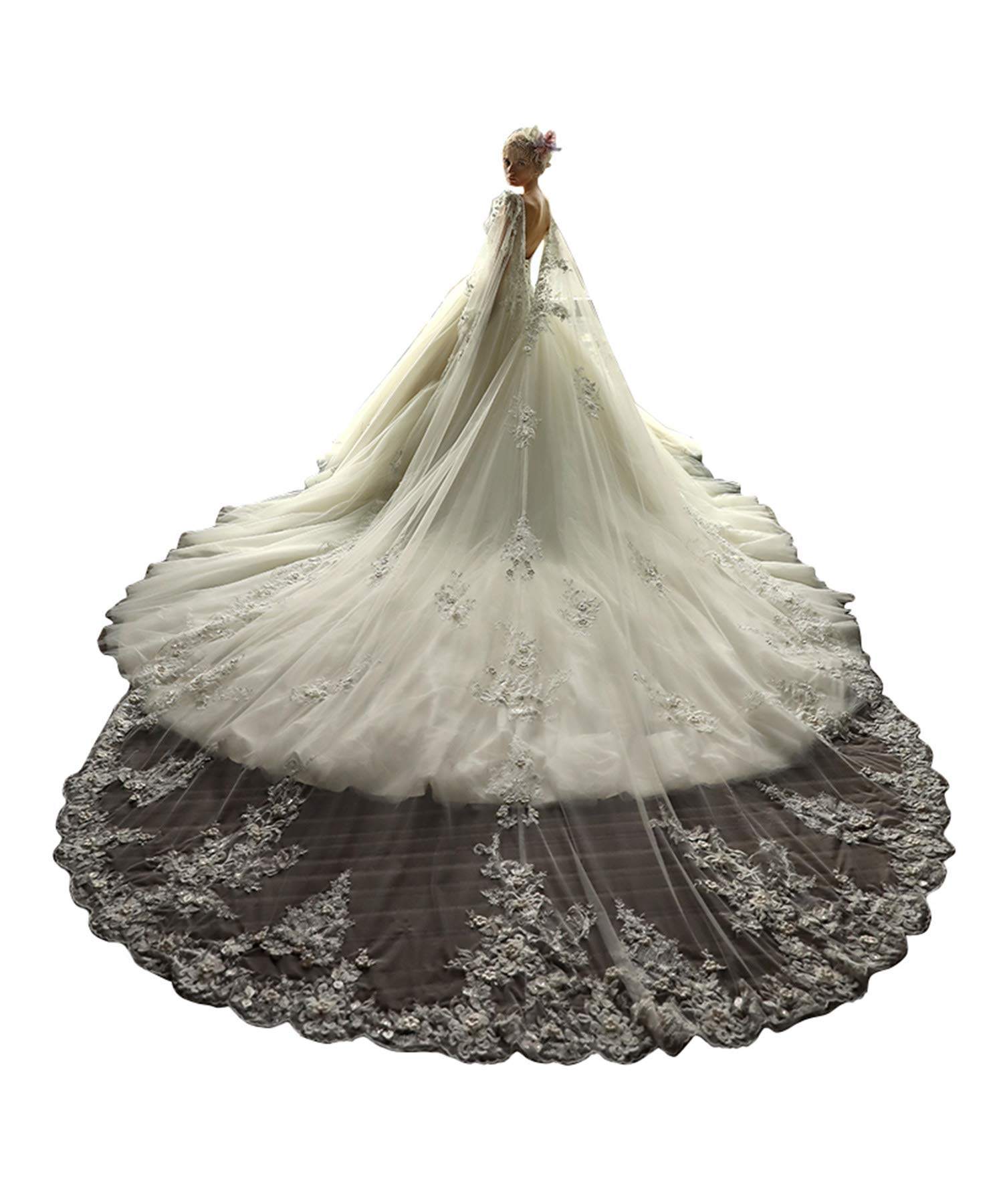 Wedding Cape Veils for Brides Tulle Ivory Cathedral Length Floral Appliques with Pin