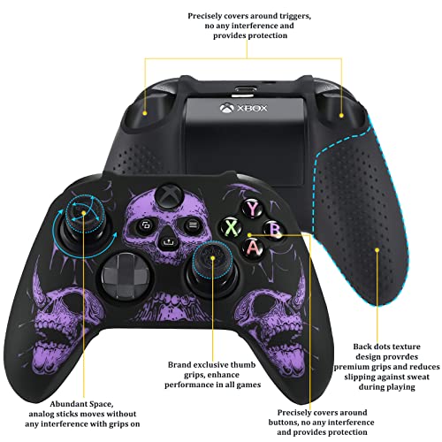YoRHa Laser Carving Silicone Skin for Xbox Series X/S Controller x 1(Skulls Purple) with Exclusive Thumb Grips x 8