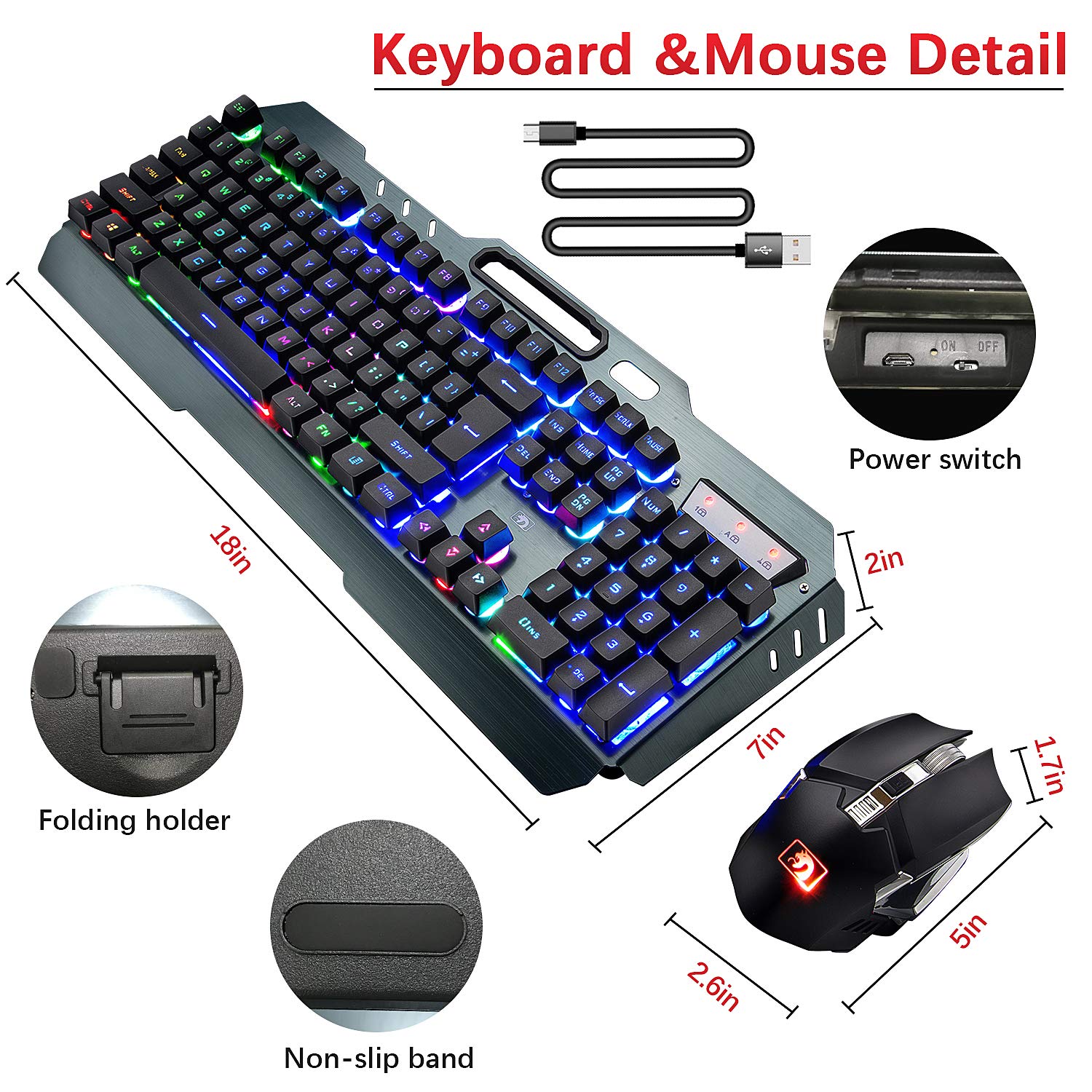 Wireless Keyboard and Mouse Combo,Rainbow Backlit Gaming keyboard with Memory Foam Keyboard Wrist Rest,Rechargeable 3800 mAh Battery,Metal Panel,Mechanical Feel,Ergonomic,Gaming Mouse for PC Gamers