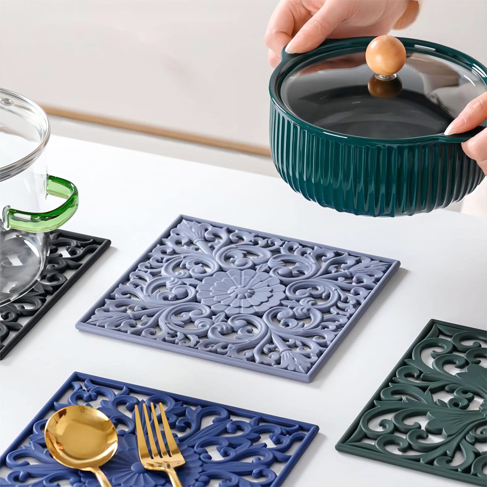 Viwehots Silicone Trivets Mats for Hot Pots and Pans, Square Non Slip Mat for Table Multi-Use Carved Hot Pads and Mats, Flexible Modern Pad Heat Resistant Big Teapot Coaster Set of 3 Blue