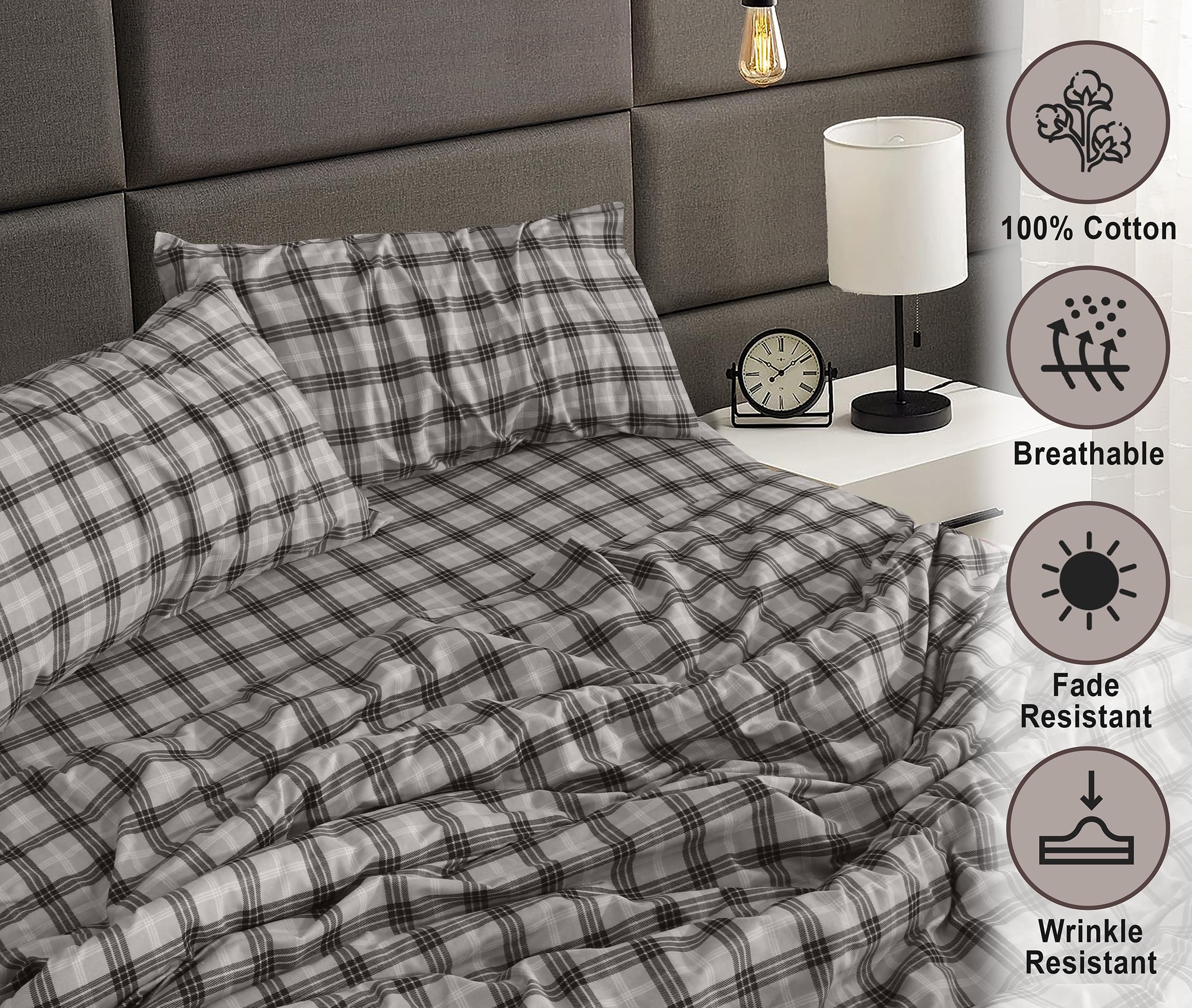 RUVANTI Flannel Sheets Full Size - 100% Cotton Brushed Flannel Bed Sheet Sets - Deep Pockets 16 Inches (fits up to 18") - All Seasons Breathable & Super Soft - Warm & Cozy - 4 Pcs - Dark Grey Plaid