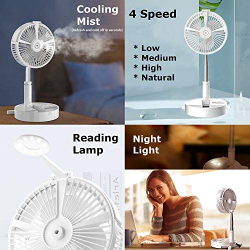 YOUDirect Portable Misting Fan, Telescopic USB Rechargeable Desk Fan with Lights, Multifunctional Personal Cooling Fan with 4 Speed, Adjustable Height, Humidifier for Home Office Travel