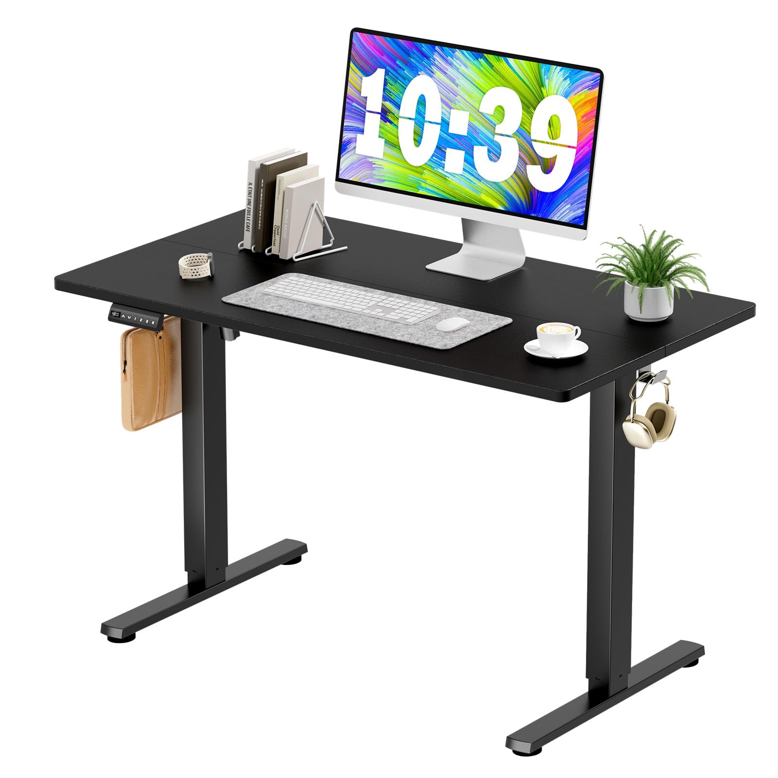 Sweetcrispy Electric Standing Desk - 40 x 24 inch Adjustable Height Sit to Stand Up Desk with Splice Board, Rising Home Office Computer Table with 2 Hook and Wire Hole for Work