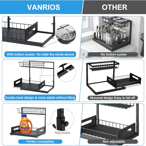 VANRIOS 100% Metal Under Sink Organizer and Storage, 2-Tier Pull Out Cabinet Organizer Shelf Under Cabinet Storage Height Adjustable Non-Slip Multi-Use Slide Out Cabinet Basket for Bathroom, Kitchen