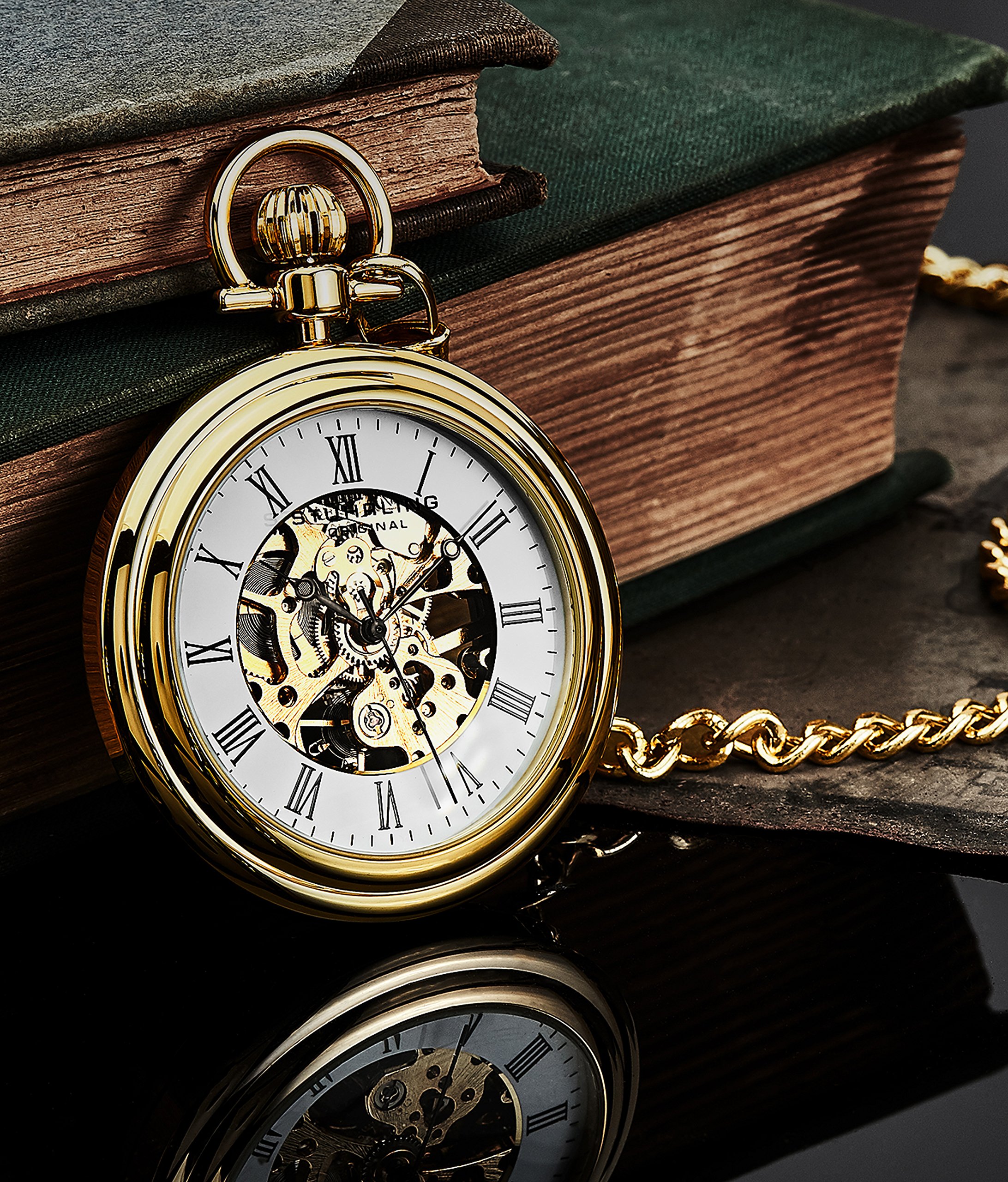 Stuhrling Original Men's Pocket Watch Stainless Steel Analog Skeleton Watch Hand Wind Mechanical Movement Stainless Steel Chain (Silver) (Gold)