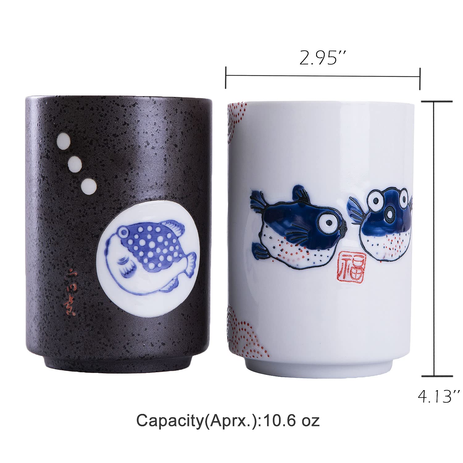 WHJY 10oz Transitional Chinese/Japanese style Handle-less Ceramic Tea cups teacup, Puffer Pattern Set of 2