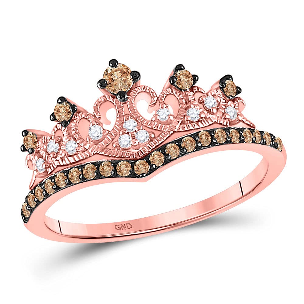The Diamond Deal 10kt Rose Gold Womens Round Brown Diamond Crown Tiara Ring 1/3 Cttw