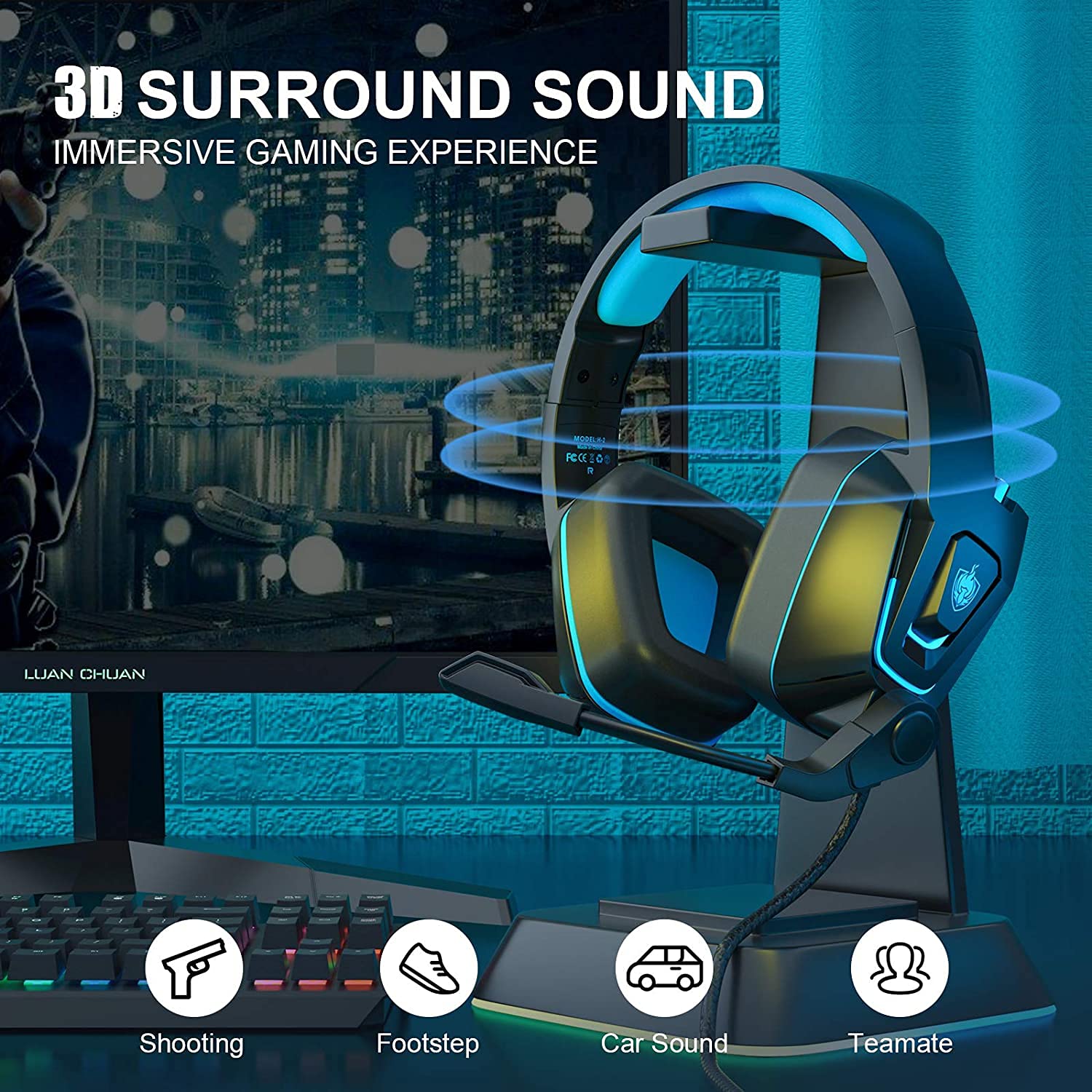 YOTMS Stereo Gaming Headset for PC PS4 PC PS5 Controller, Noise Cancelling Over Ear Headphones with Mic, LED Light, Bass Surround, Soft Memory Earmuffs for Laptop Mac (Blue)