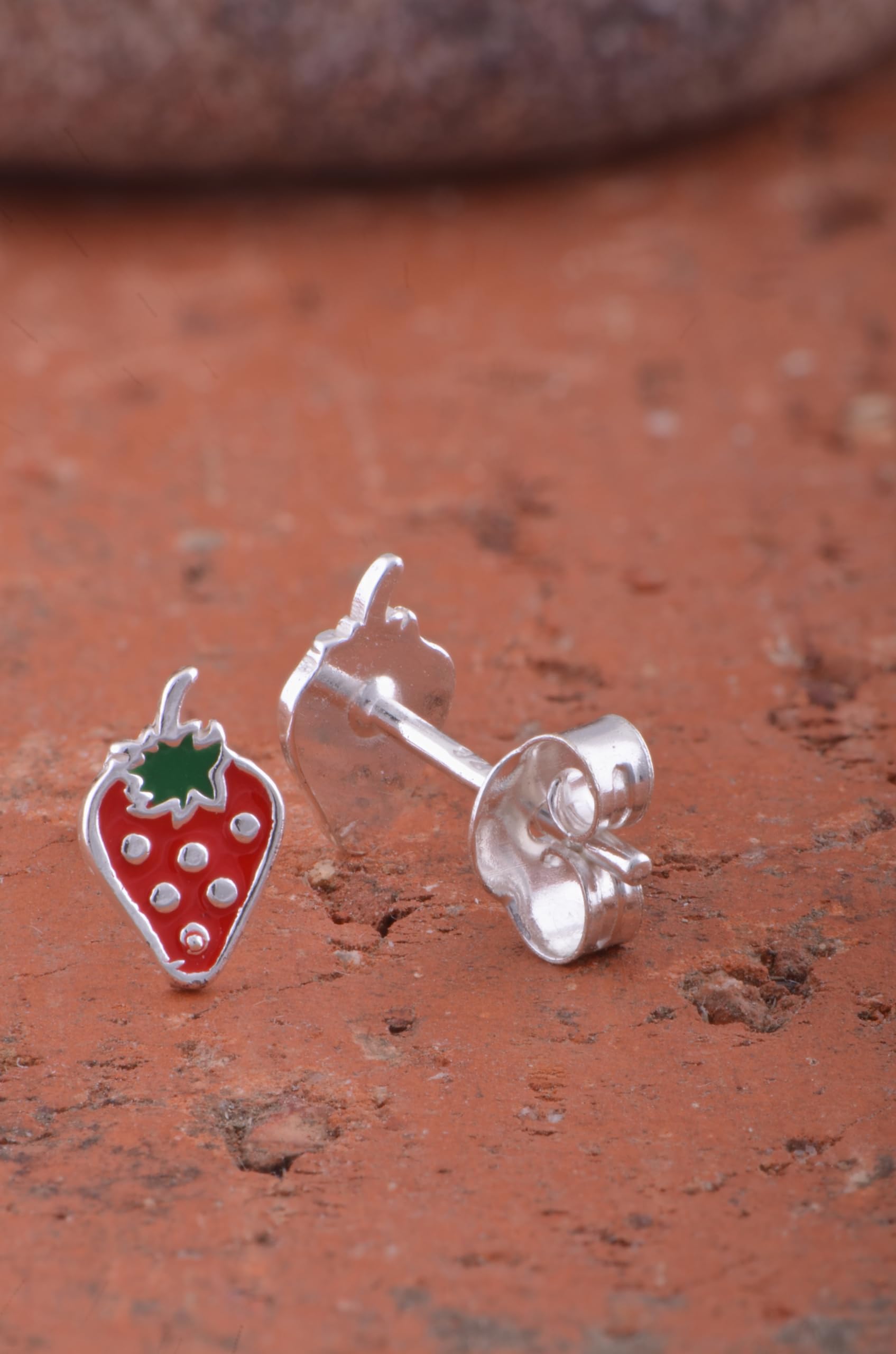 Sterling Silver Small Womens Fruit Red Strawberry Push Back Stud Earrings - Fruit Gifrts For Ladies Mom Wife 0.31in