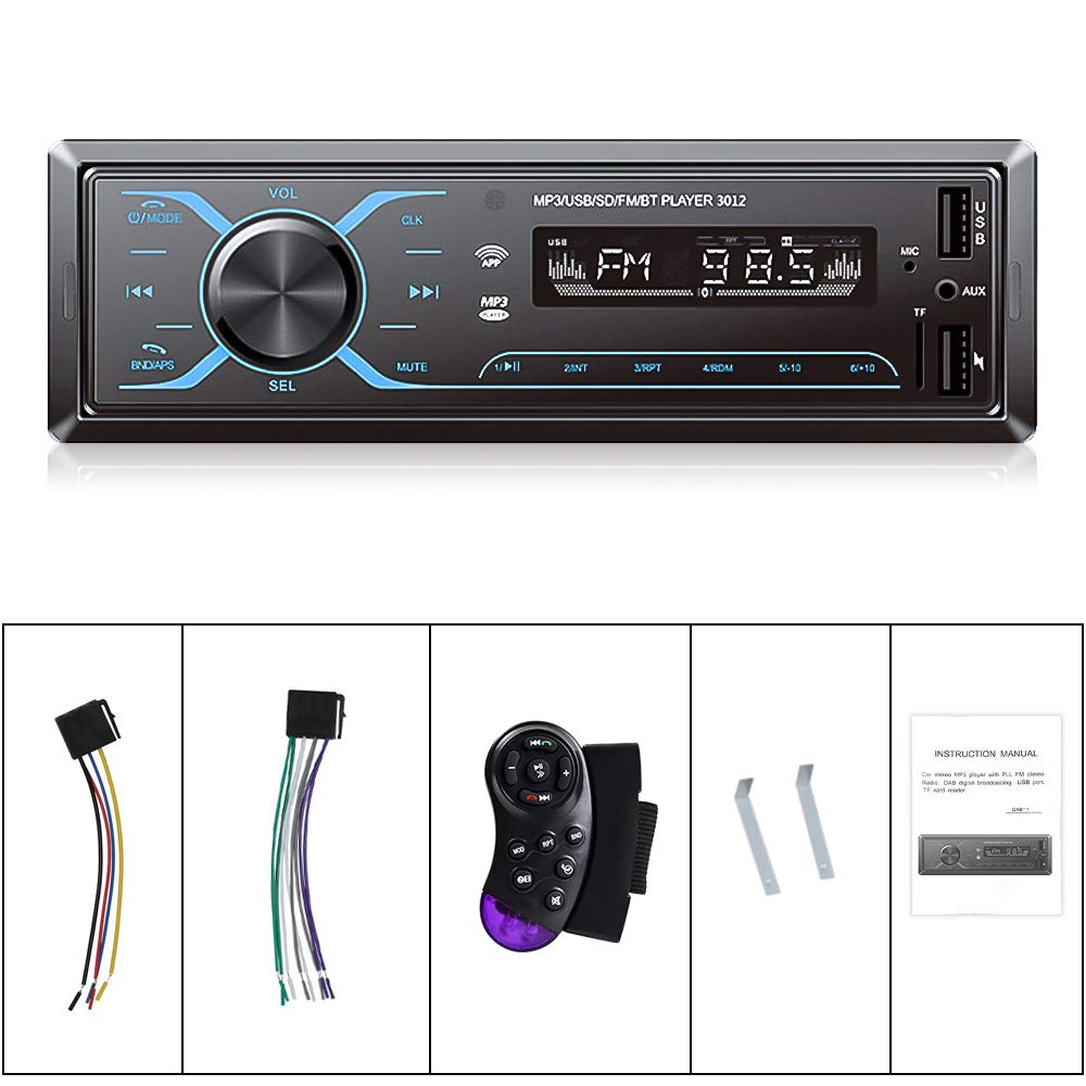 Single Din Car Radio Stereo with Bluetooth 1 DIN in-Dash Car Stereo Support FM Radio App Control, Digital Audio Music Mp3 Player MIC/Dual USB/SD/AUX with Steering Wheel Control