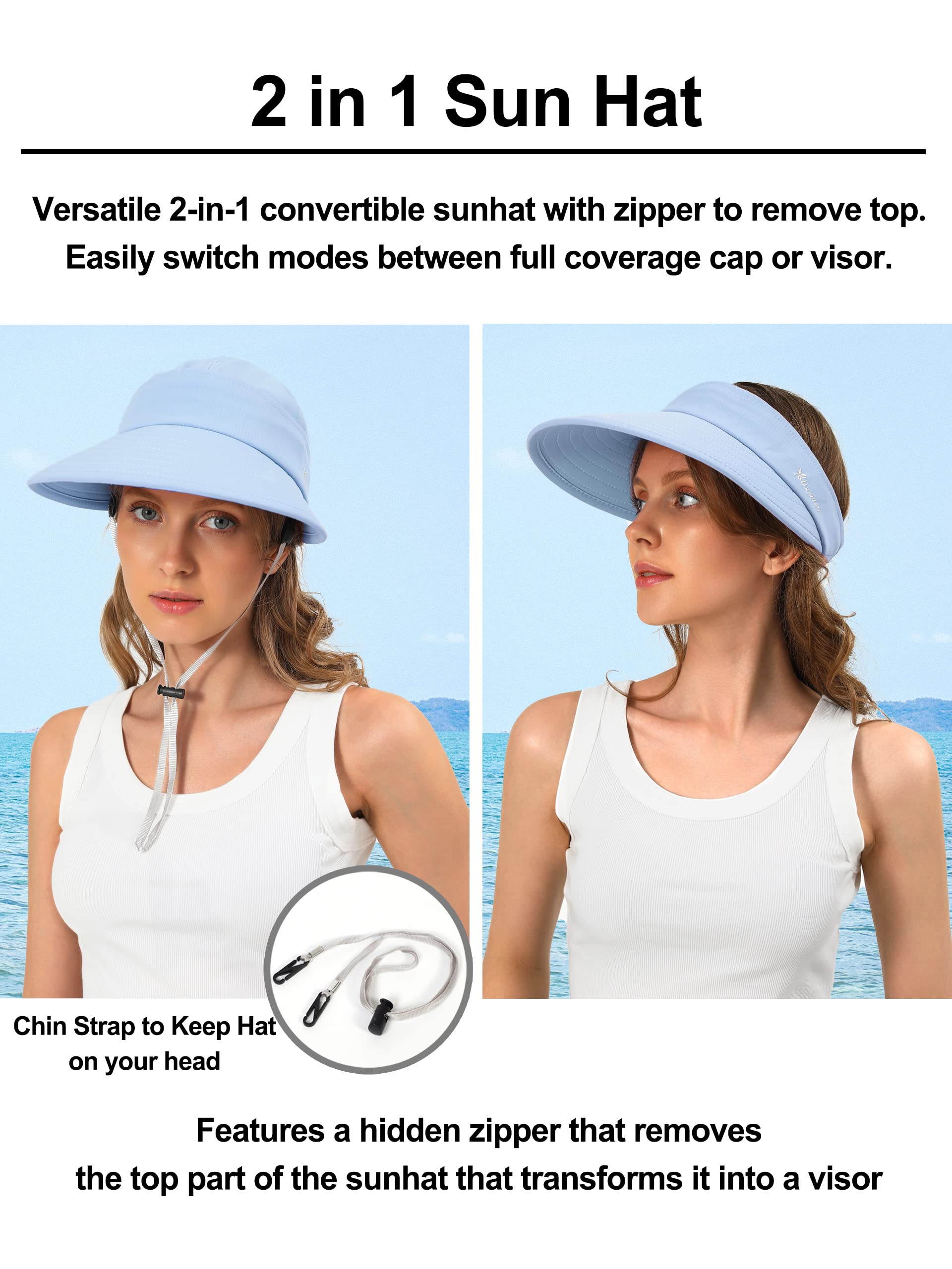Sun Hats for Womens Wide Brim Visor UV Protection Dual Purpose Hat for Beach Summer Packable Hat(Blue)