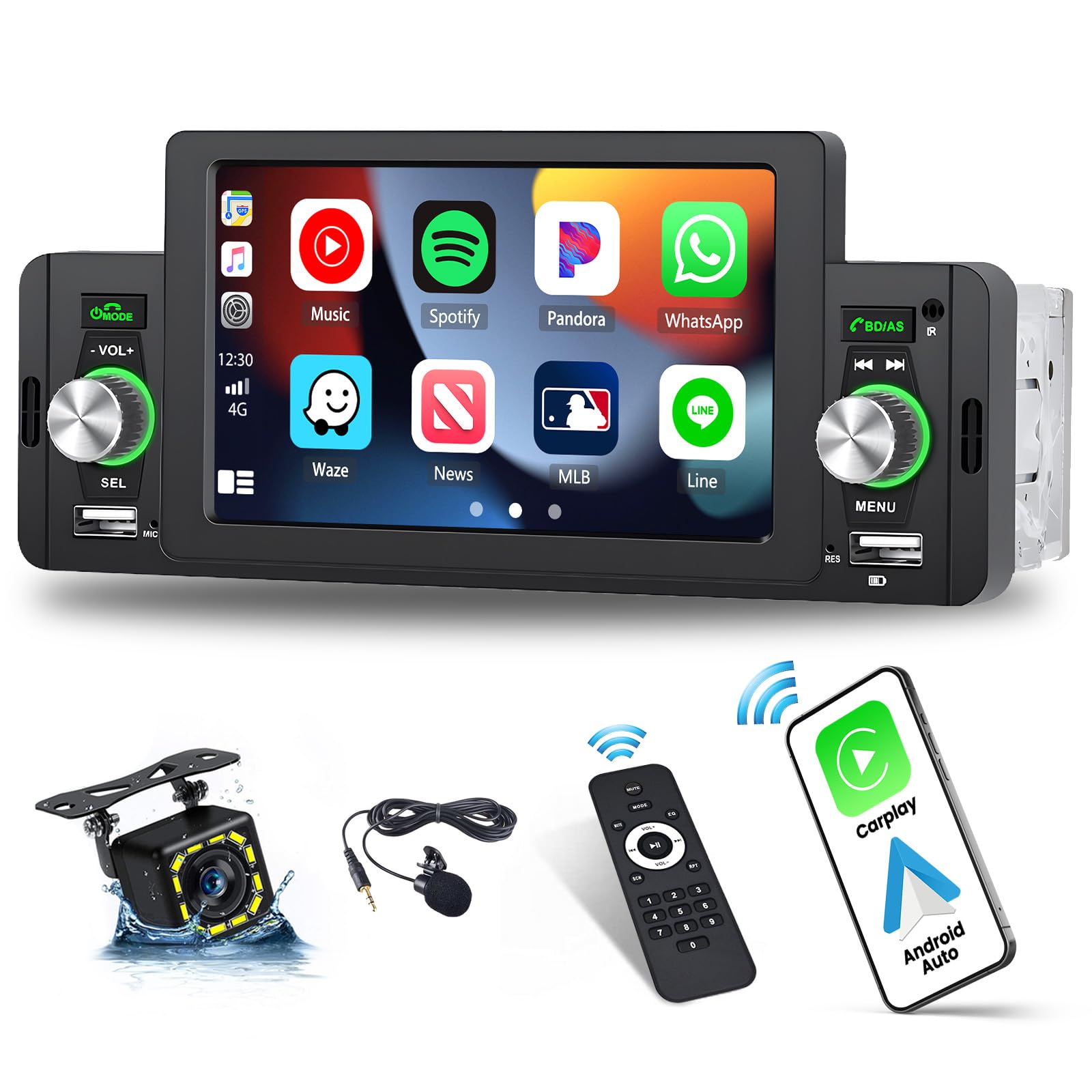 Single Din Car Stereo with Apple CarPlay Android Auto Voice Control 5 Inch Touchscreen Bluetooth Car Radio Mirror Link FM Radio EQ Dual USB Fast Charge SWC + Backup Camera, Mic, Remote Control