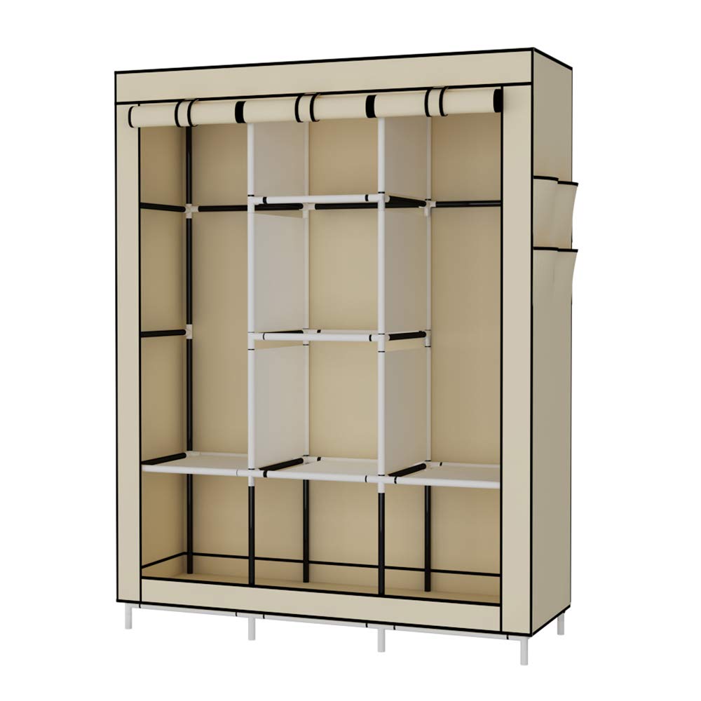 UDEAR Portable Wardrobe Closet Clothes Organizer Non-Woven Fabric Cover with 6 Storage Shelves, 2 Hanging Sections and 4 Side Pockets,Beige