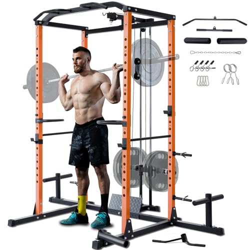 VANSWE Power Cage with LAT Pulldown Attachment, 1200-Pound Capacity Power Rack Full Home Gym Equipment with Multi-Grip Pull-up Bar, Landmine, T bar and Dip Handle (2024 Updated Version) (Orange)
