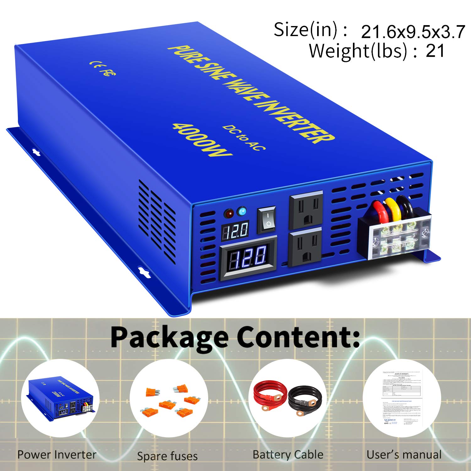 XYZ INVT 4000W Pure Sine Wave Inverter - 12V DC to 110V 120V AC Surge 8000 Watt Power Inverter Converter Generator w/ 100ft Wireless Remote Control for Solar System, Off Grid, RV.(4000W/12V)