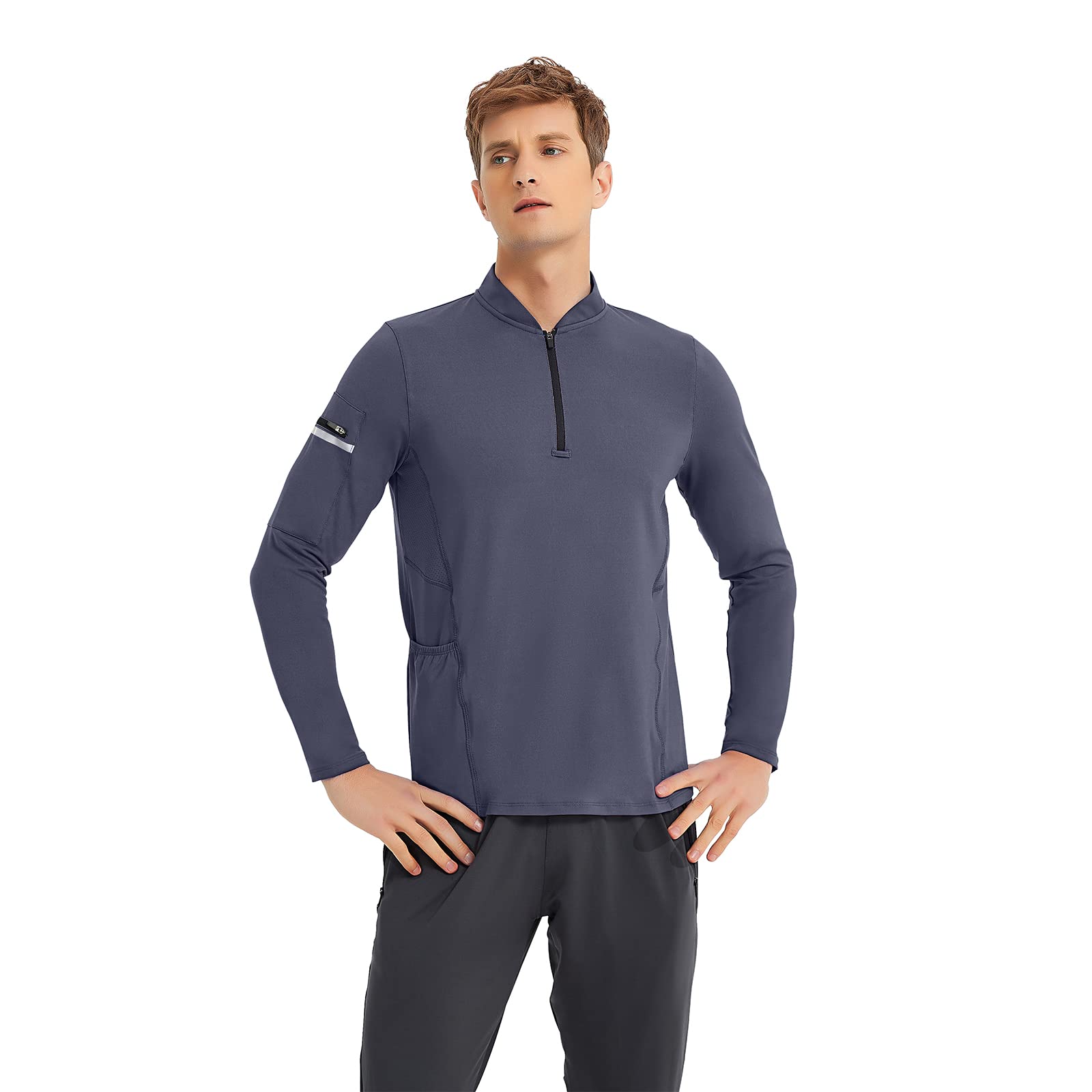 Truity Men’s Quarter Zip Long Sleeve Workout Running Shirts V Neck Golf Pullover Stretchy Fall Gym Shirt with Pockets Grey