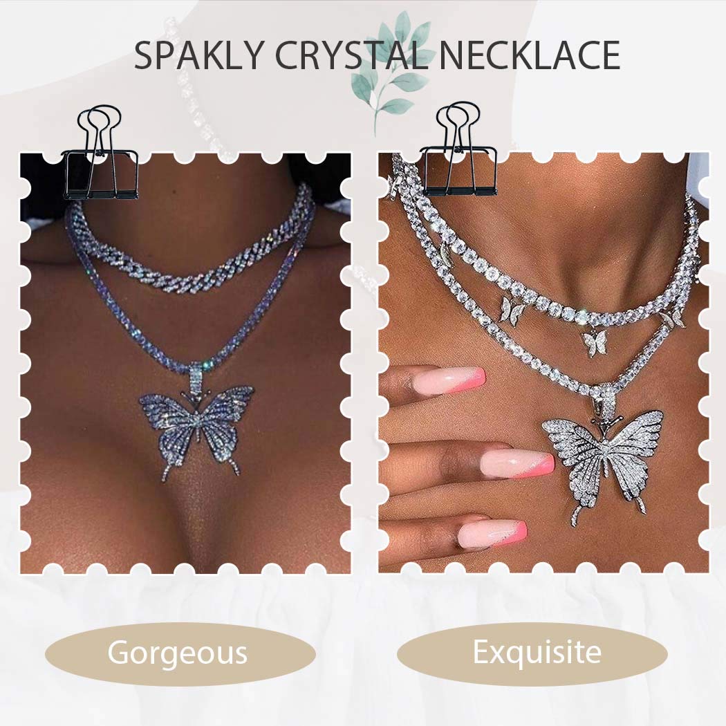 Zoestar Butterfly Choker Necklace Gorgeous 2 Layered Crystal Pendant Necklaces Sparkly Butterfly Chain Jewelry for Women
