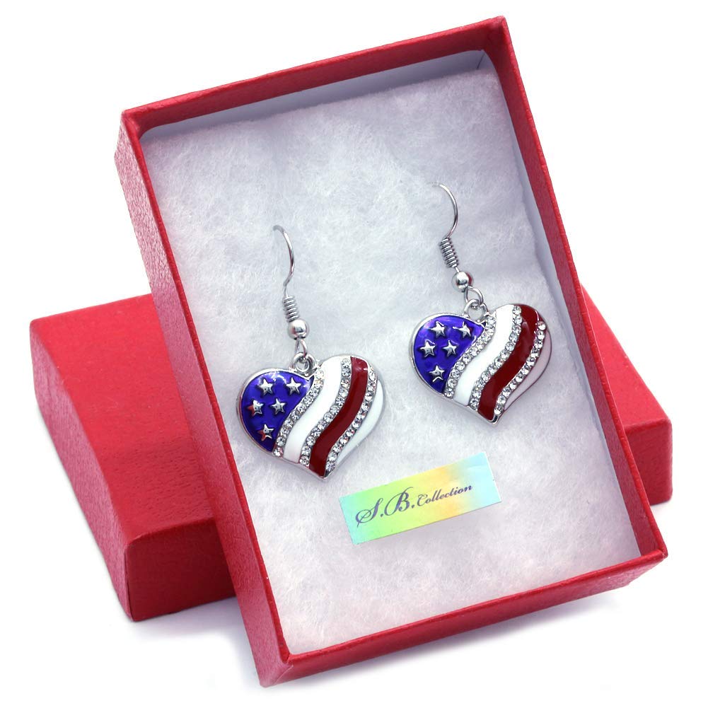 SoulBreezeCollection Patriotic American USA Flag Heart Dangle Drop Earrings 4th of July Independence Day Gift (Heart Hook)
