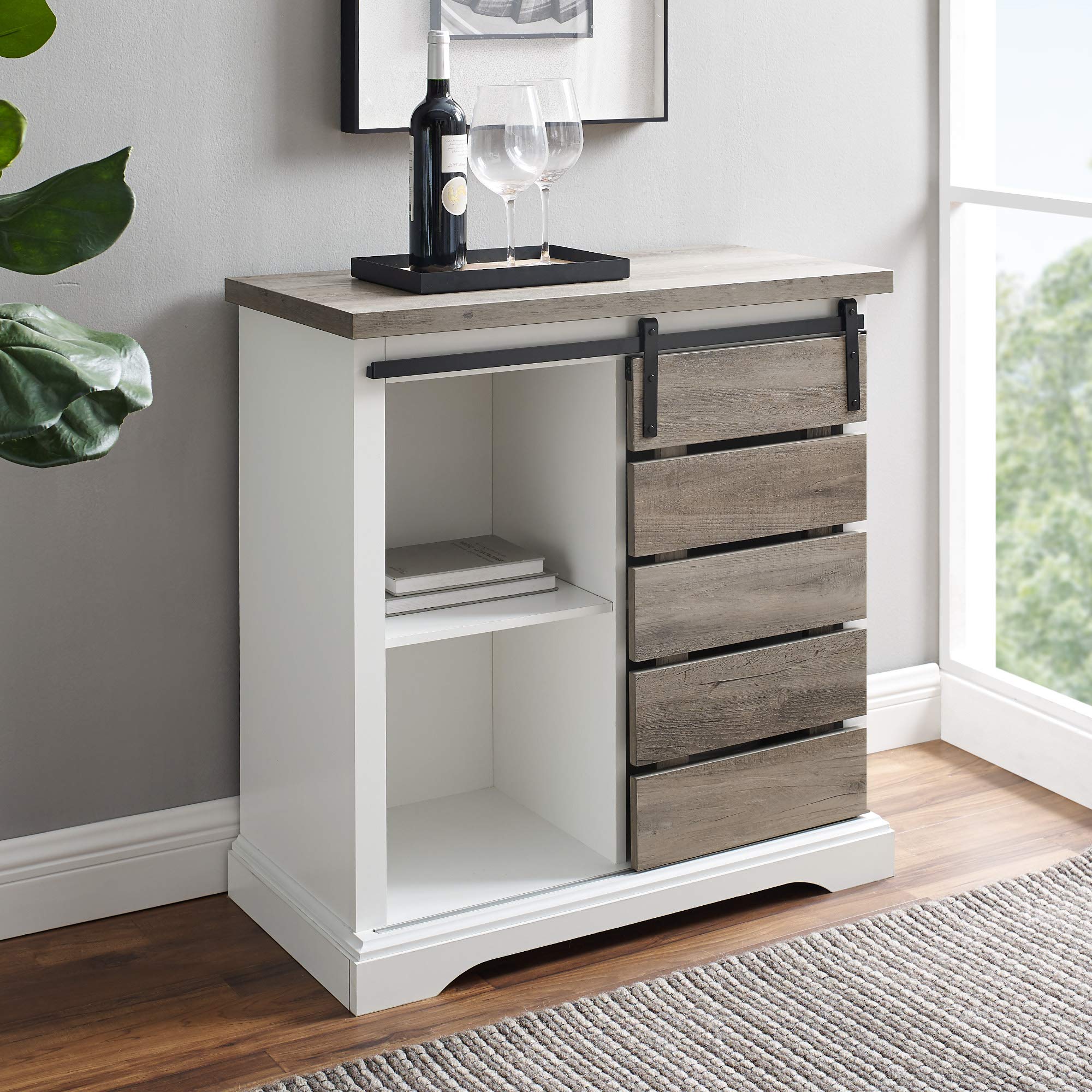 Walker Edison Willa Modern Farmhouse Sliding Single Slat Door Storage Console, 32 Inch, White and Grey Wash