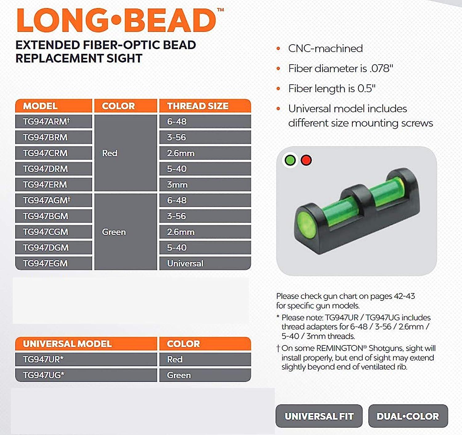 TRUGLO Long Bead Fiber Optic Sight 3mm Green