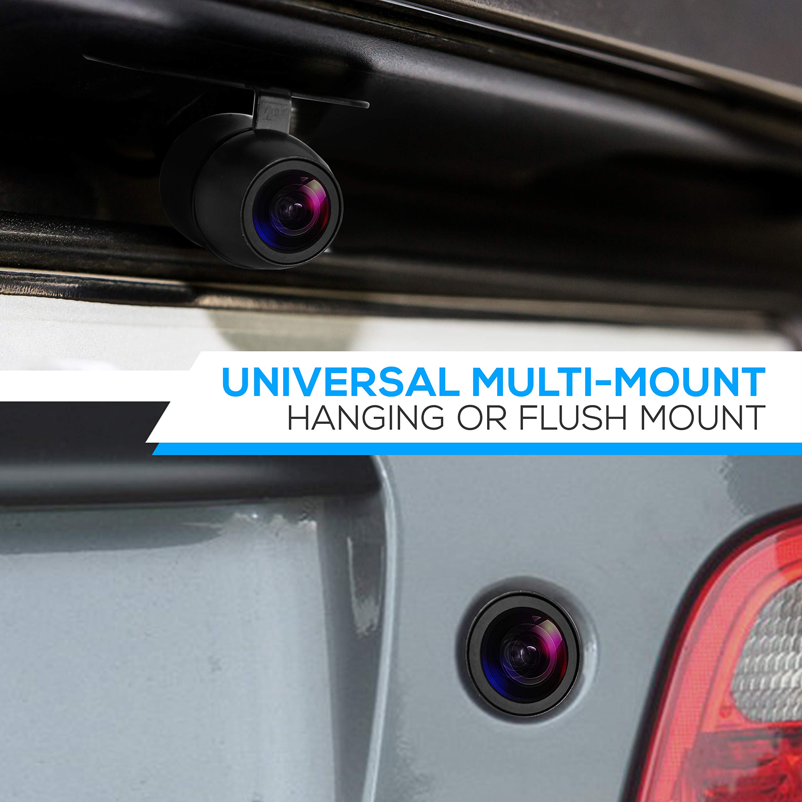 Universal Mount Front Rear Camera - Marine Grade Waterproof Built-in Distance Scale Lines Backup Parking/Reverse Assist Cam w/ Night Vision LED Lights 420 TVL Resolution & RCA Output - Pyle PLCM38FRV,Black