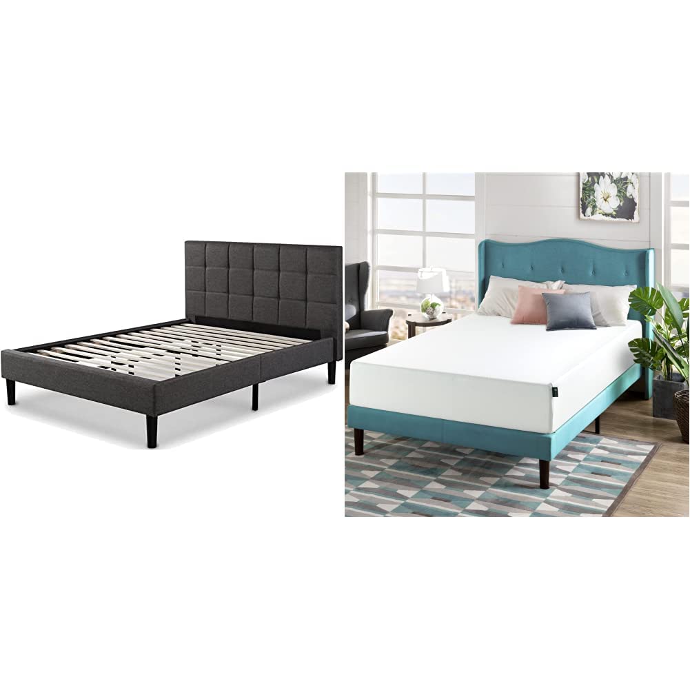 ZINUS Lottie Upholstered Platform Bed Frame / Mattress Foundation / Wood Slat Support / No Box Spring Needed / Easy Assembly, Beige, Queen & Green Tea Memory Foam Mattress, Queen, White