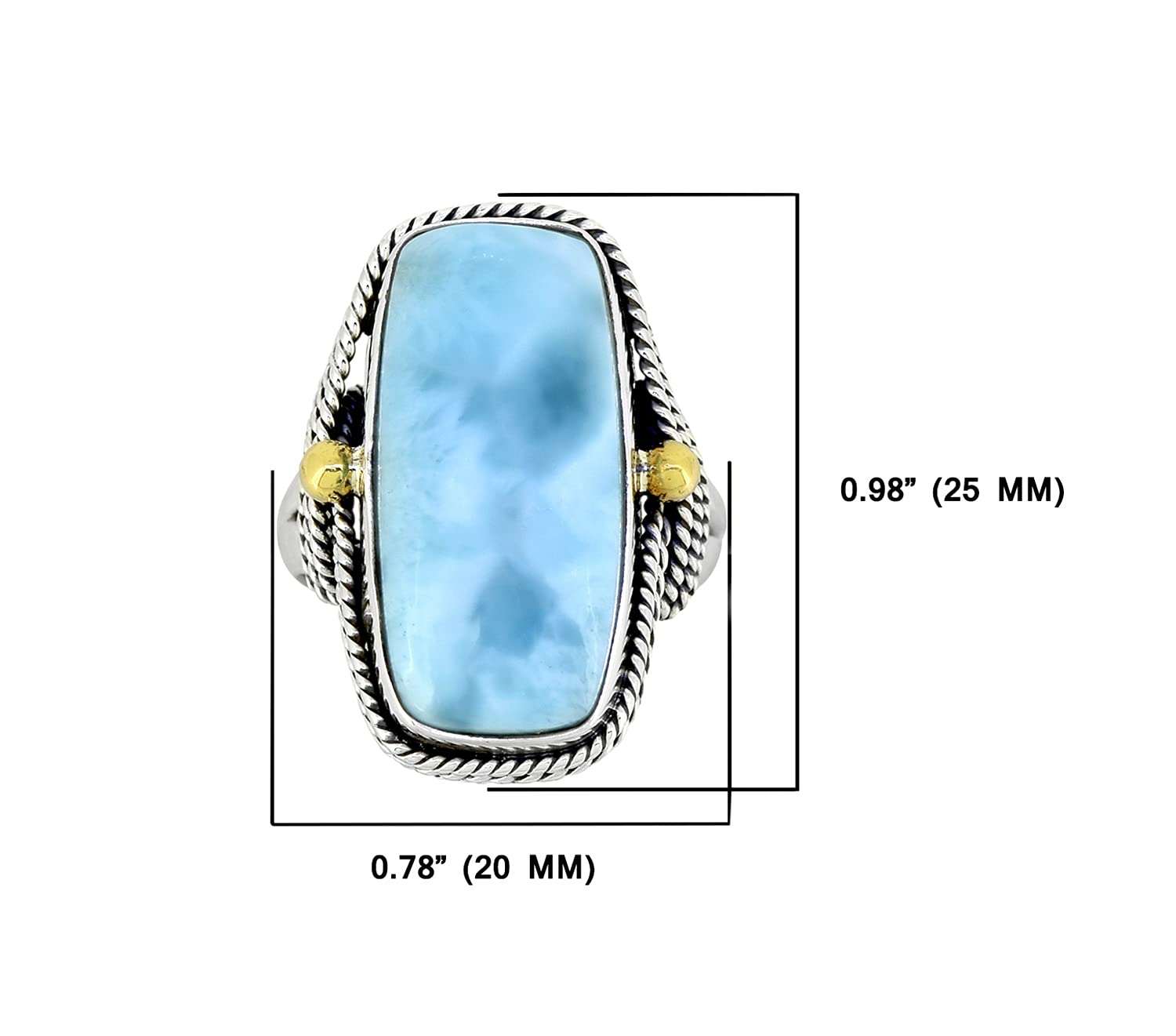 YoTreasure 11x22 MM Larimar Chunky Ring .925 Sterling Silver with Brass Accents
