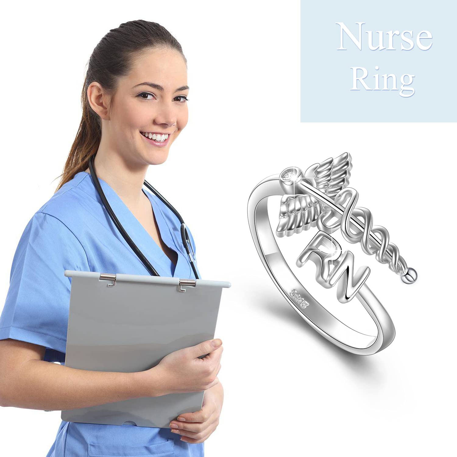 YFN S925 Sterling Silver Caduceus Rings RN Nurse Gift Adjustable Rings for Graduation Nursing Themed Jewelry
