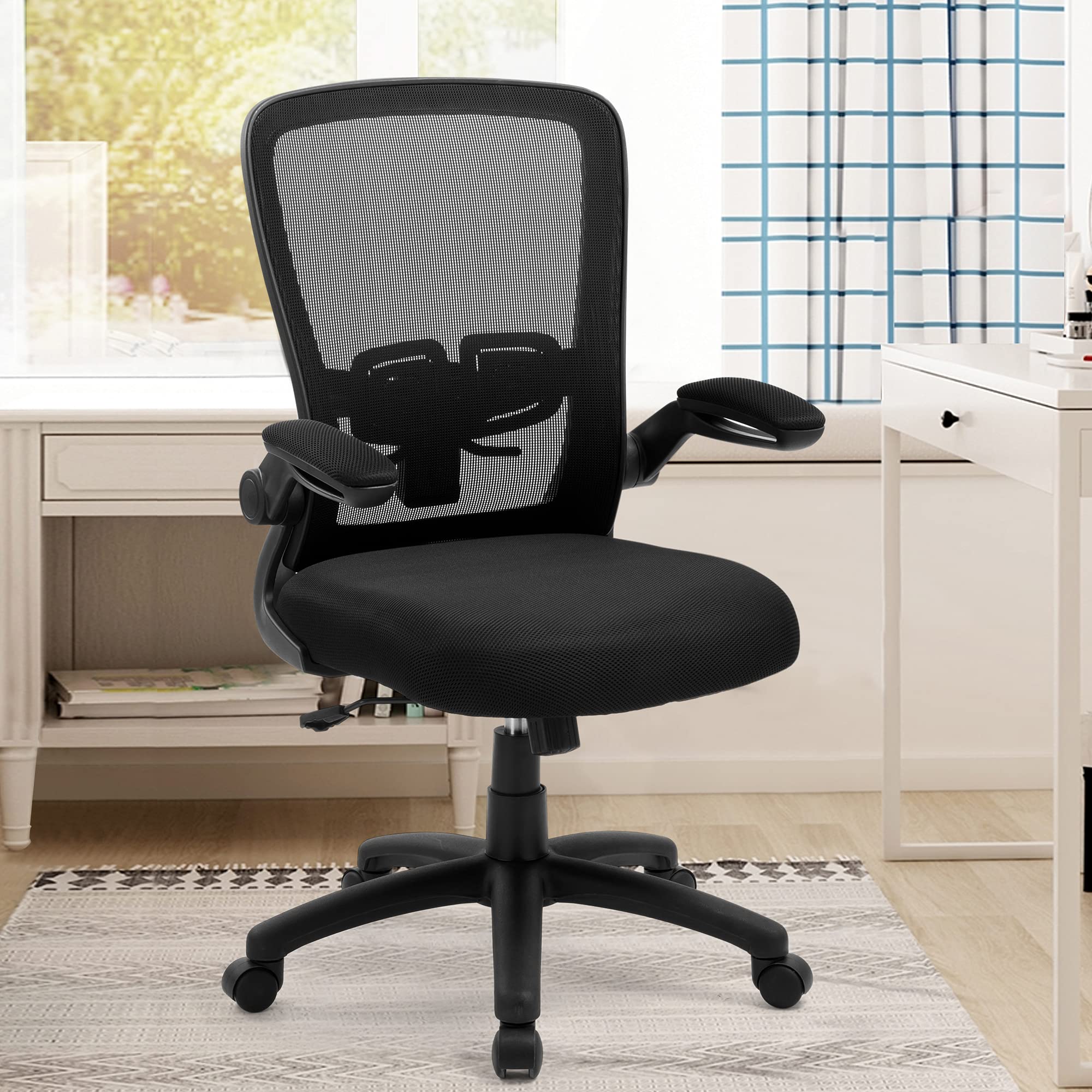 Upgraded Ergonomic Office Chair, Home Office Chair with Adjustable Lumbar Support, Ergonomic Desk Chair with Flip-up Armrests, Mesh Computer Chair with High Resilience Thickened Cushion, Black