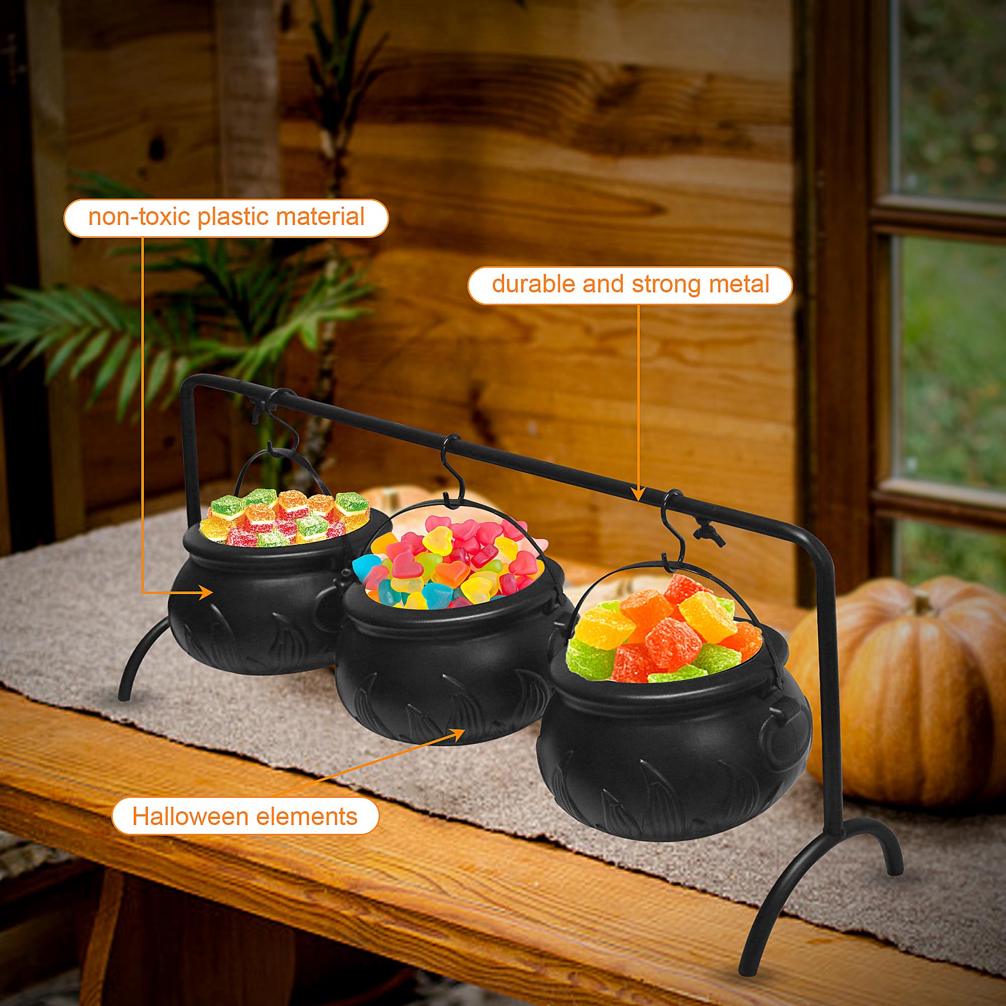 Zhitaoxun 3pcs Witches Cauldron Serving Bowls with Iron Rack,Halloween Party Decotations,Black Plastic Candy Bucket Cauldron Bowls for Halloween Outdoor and Indoor Decor