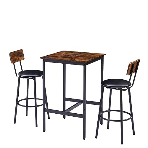 Tensun Bar Table and Chairs Set for 2, Sqaure Kitchen Table and Chairs with PU Soft Seat and Backrest, 3 Piece High Top Breakfast Dining Table Sets for Small Spaces, Kitchen and Bar, Rustic Brown