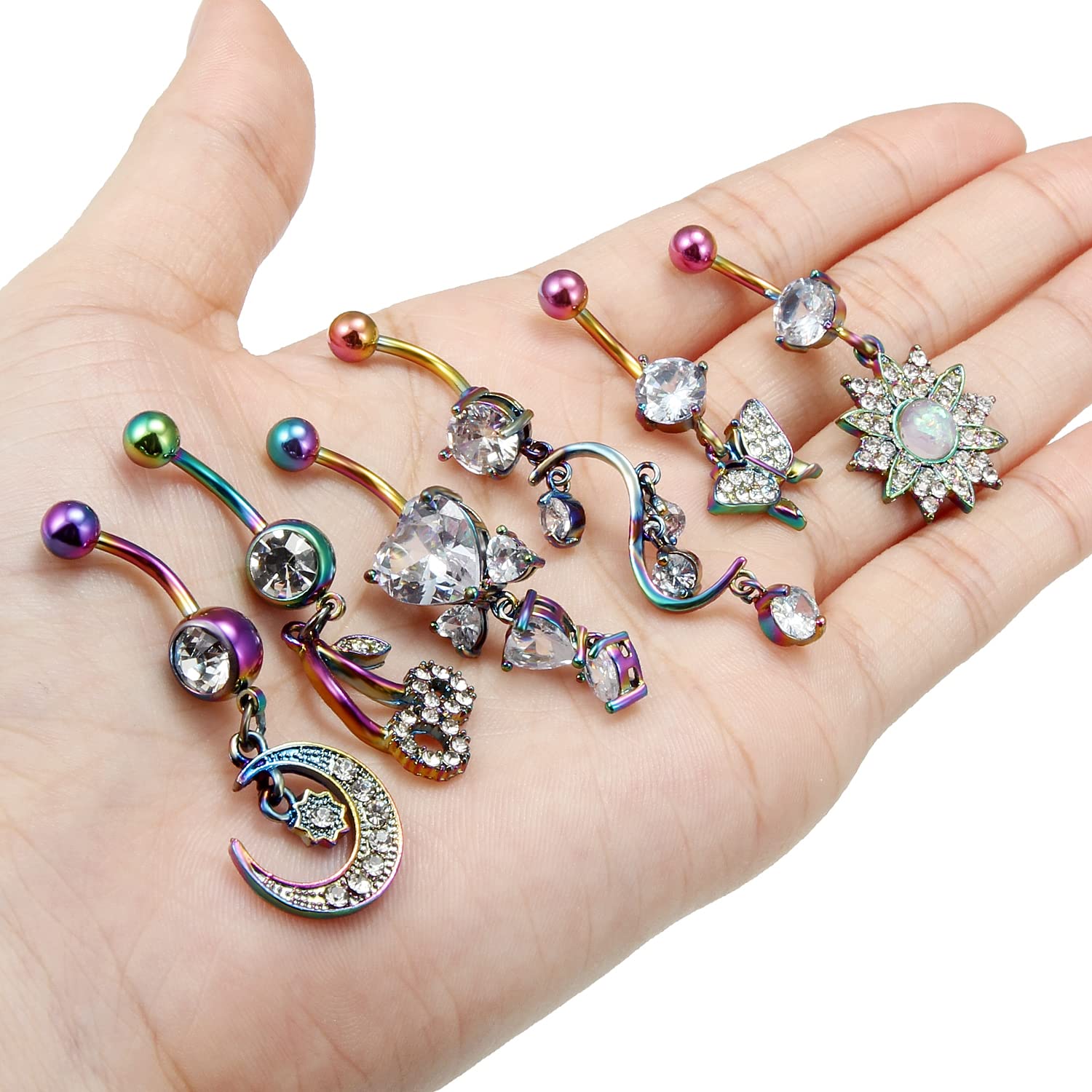 Vsnnsns 14G Belly Button Rings for Women Stainless Steel CZ Opal Long Dangle Belly Rainbow Tone B VSN0283 0
