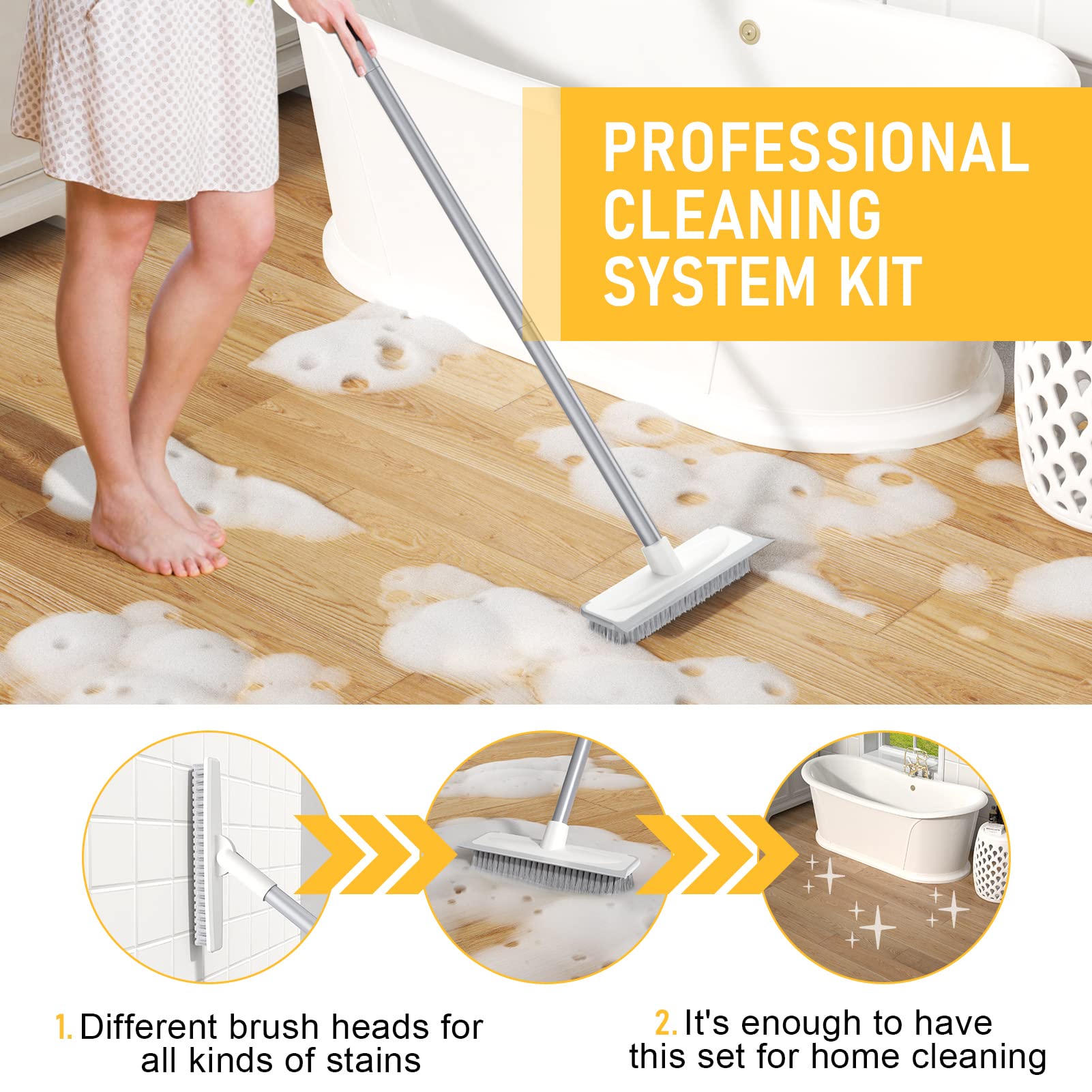 Sunally Floor Scrub Brush and Grout Scrub Brush Combo Kit with 57" Long Handle, 2 in 1 Scrape Brush Stiff Bristle, Shower Floor Scrubber, Deep Cleaning Brush Set for Multiple Scenes, Grey White