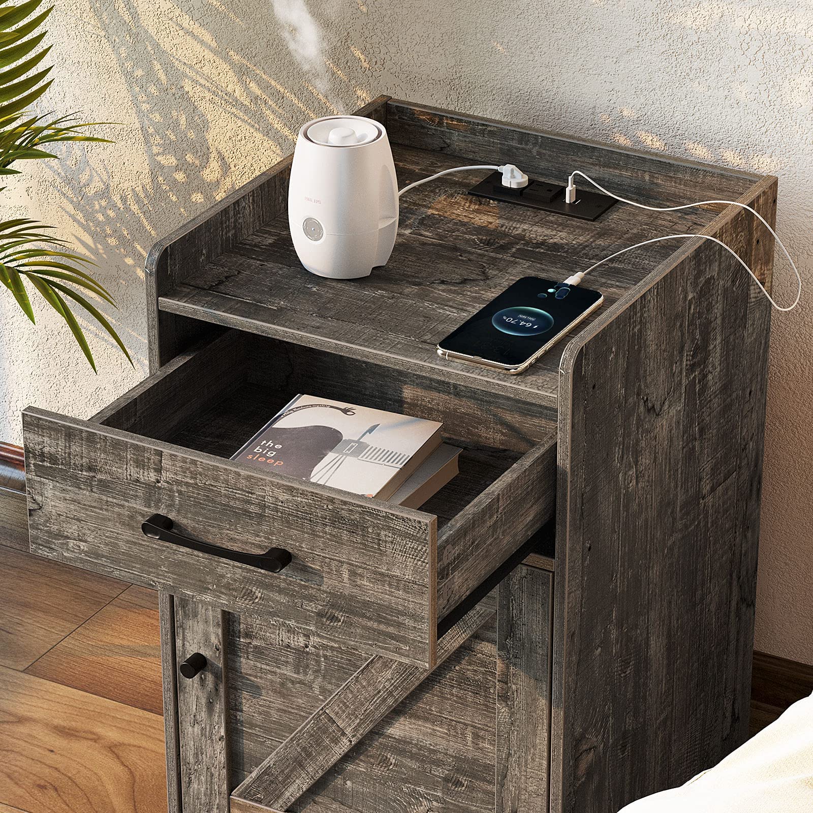 Rolanstar Nightstand with Charging Station, Farmhouse End Side Table with Storage Drawer and Cabinet for Bedroom, Grey