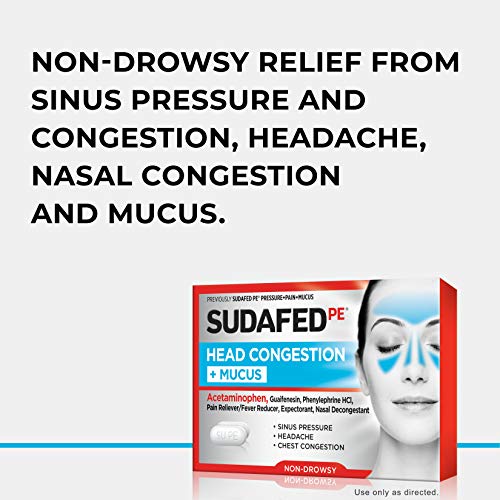 Sudafed PE Head Congestion + Mucus Relief Tablets for Sinus Pressure, Congestion, & Headache, Non-Drowsy Decongestant with Acetaminophen, Guaifenesin & Phenylephrine HCI, 24 ct