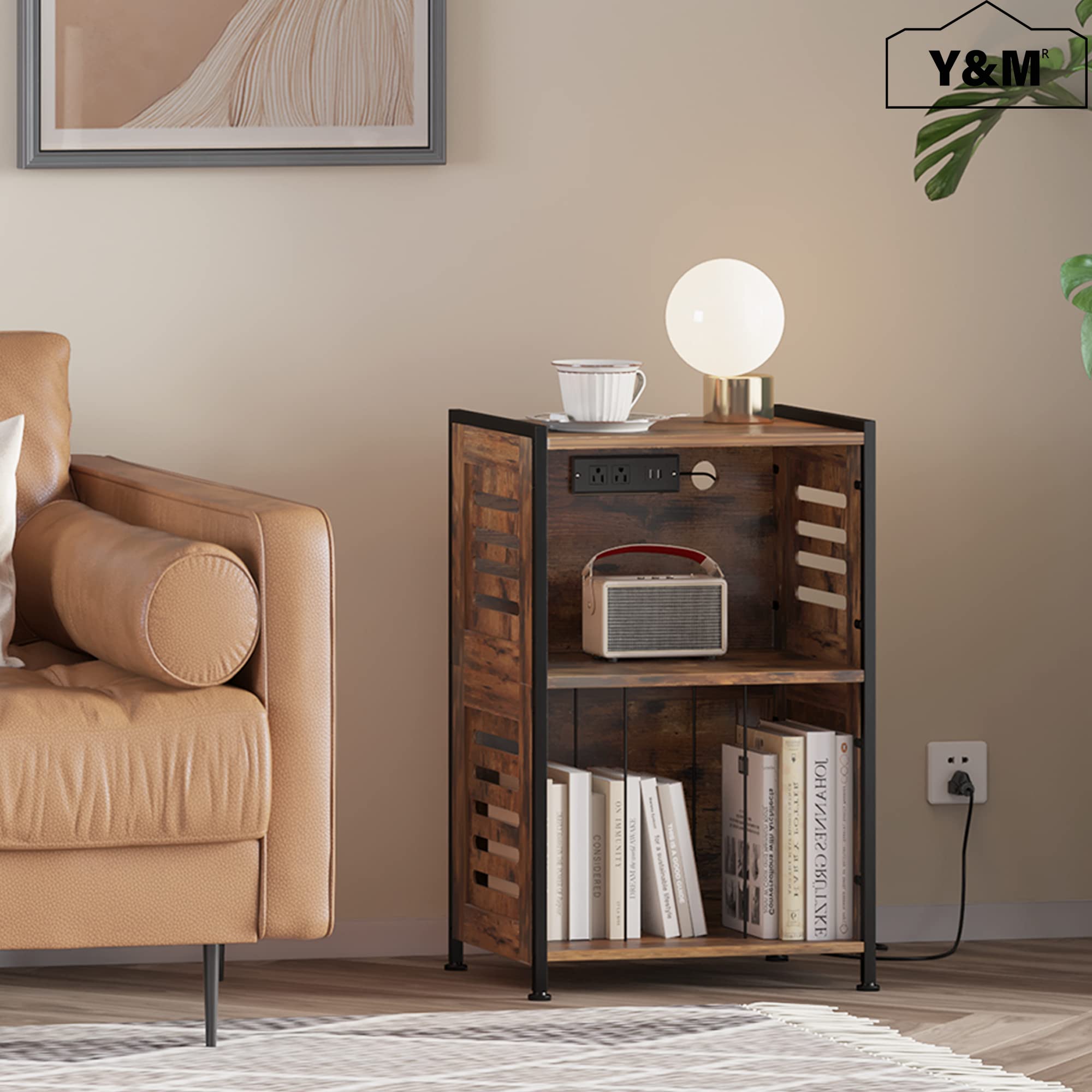 Y&M Record Player Stand, Vinyl Turntable Stand with Charging Station and USB Port, Record Display Table with Storage Cabinet, Turntable Holder, End Table, Nightstand for Bedroom, Living Room, Brown