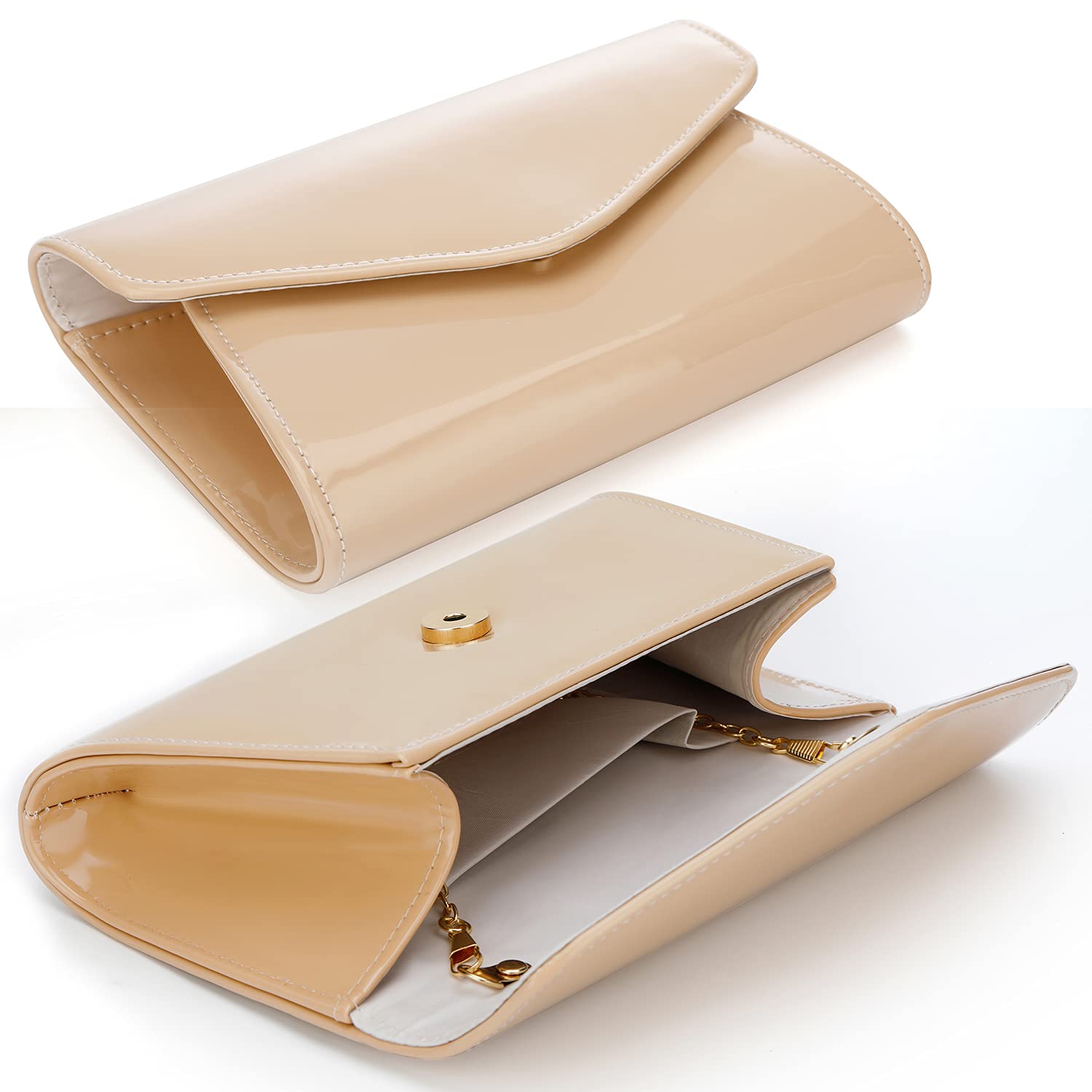 ZIUMUDY Patent Leather Evening Bags Envelope Clutches Shoulder Chain Bag Wallet Purse Handbag (Nude)