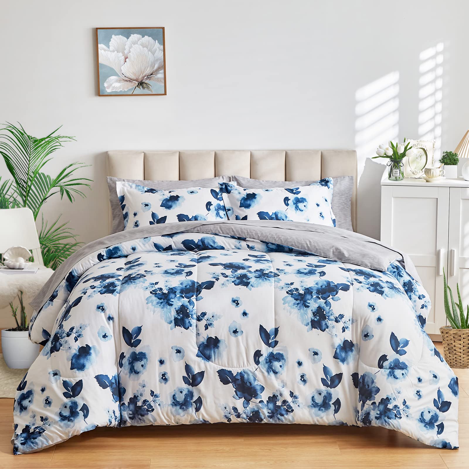 UOZZI BEDDING Floral Comforter Sheet Set 7 Pieces Bed in a Bag Dark Grey Golden Flower Queen Size (1 Comforter 2 Pillow Shams 1 Flat Sheet 1 Fitted Sheet 2 Pillowcases)