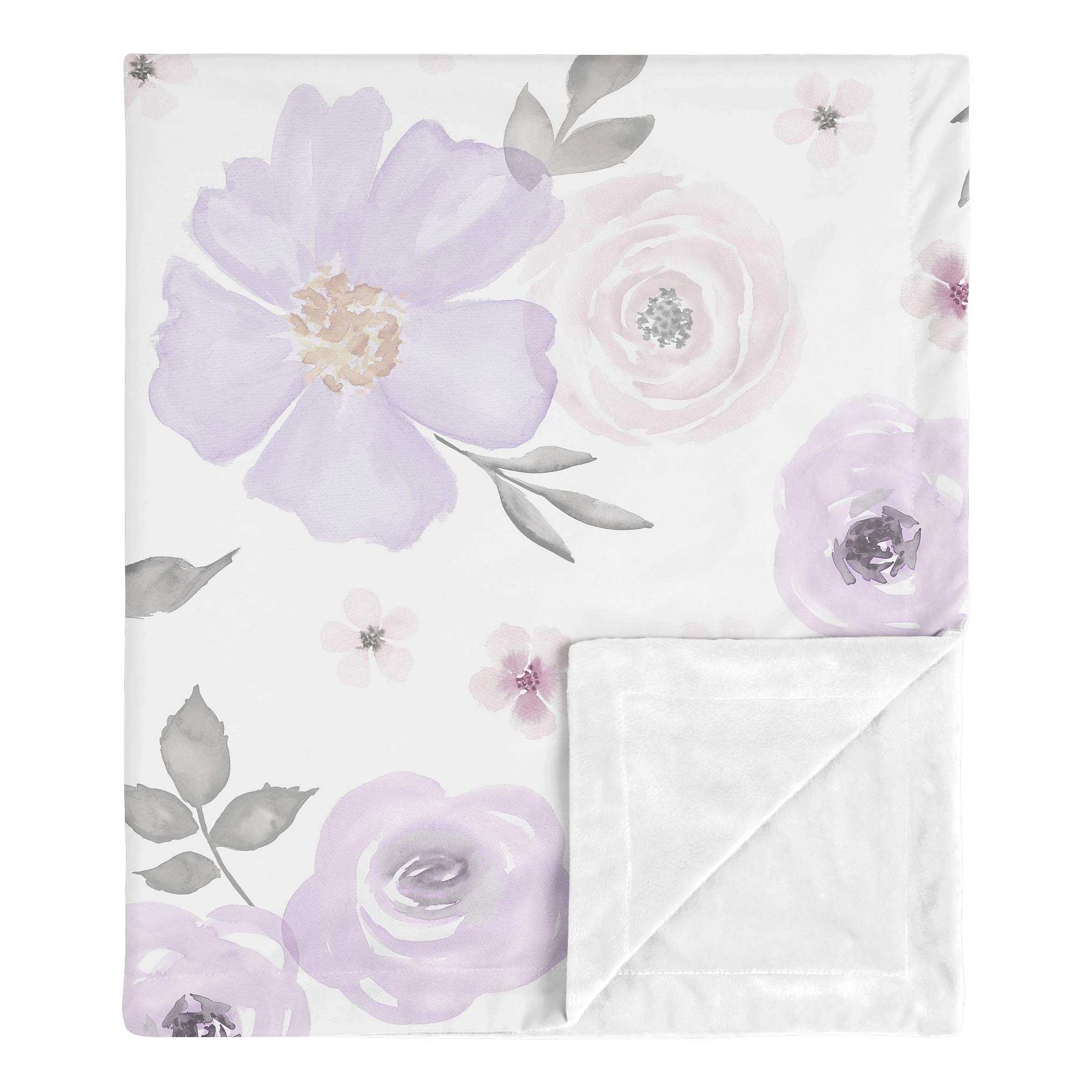 Sweet Jojo Designs Shabby Chic Rose Flower Watercolor Floral Baby Girl Receiving Security Swaddle Blanket for Newborn or Toddler Nursery Car Seat Stroller Soft Minky - Lavender Purple, Pink and Grey