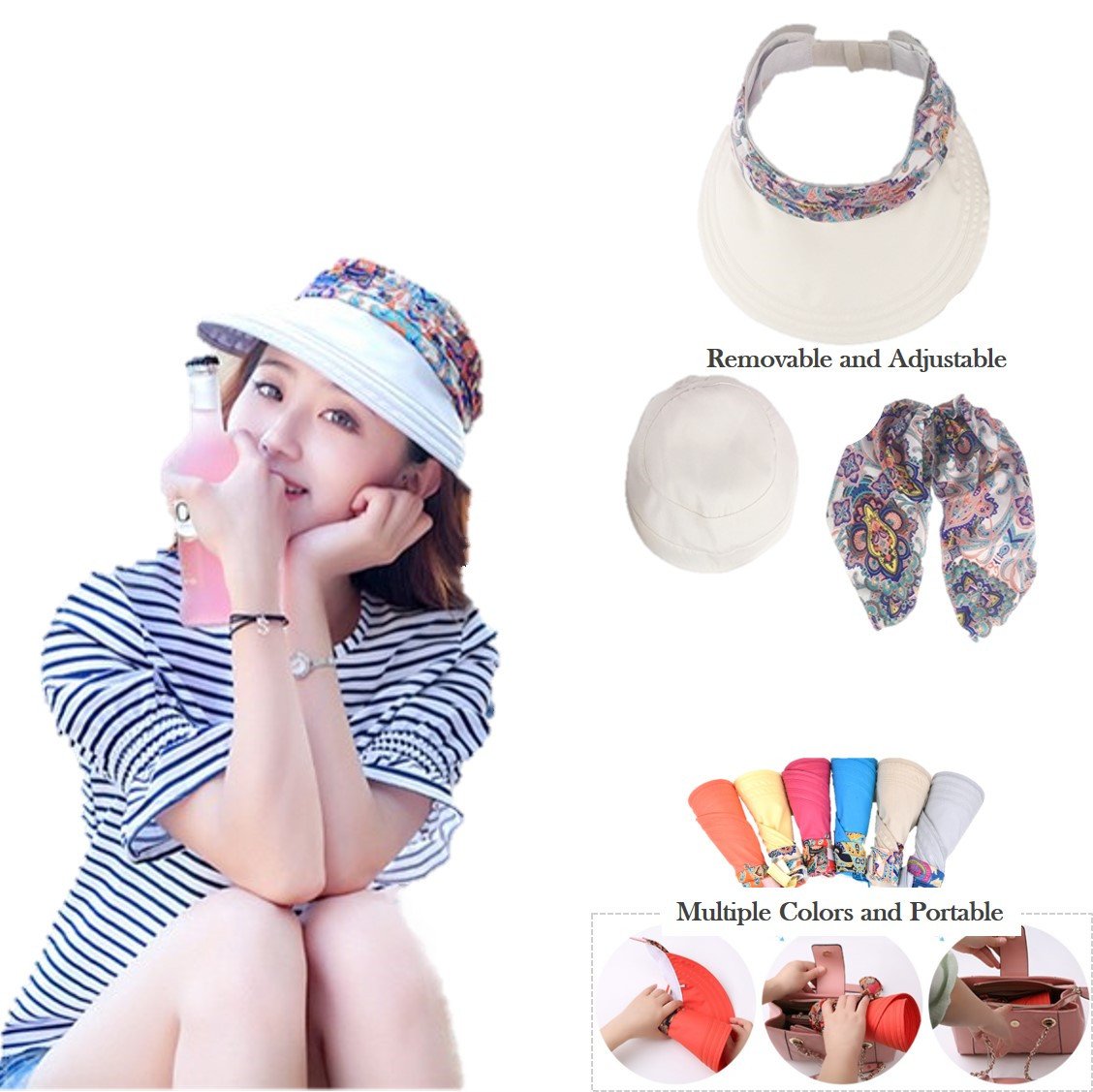 Roll Up Wide Brim Sun Visor UPF 50+ UV Protection Sun Hat with Neck Protector Beige