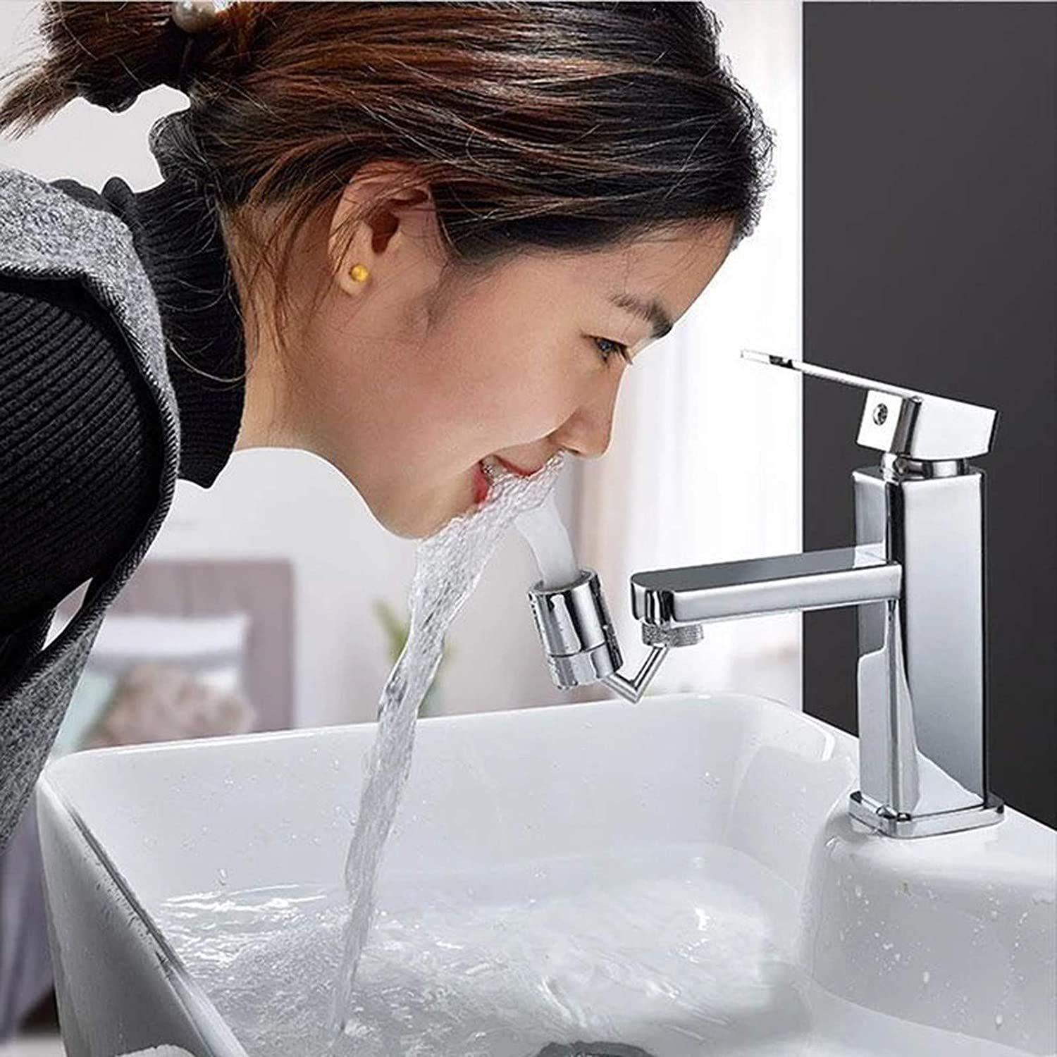 Universal Splash Filter Faucet-720° Rotatable Big Angle Faucet Sprayer Head with Durable Copper & ABS, Anti-Splash, 4-Layer Net Filter, Oxygen-Enriched Foam,55/64 Inch-27UNS Female Thread