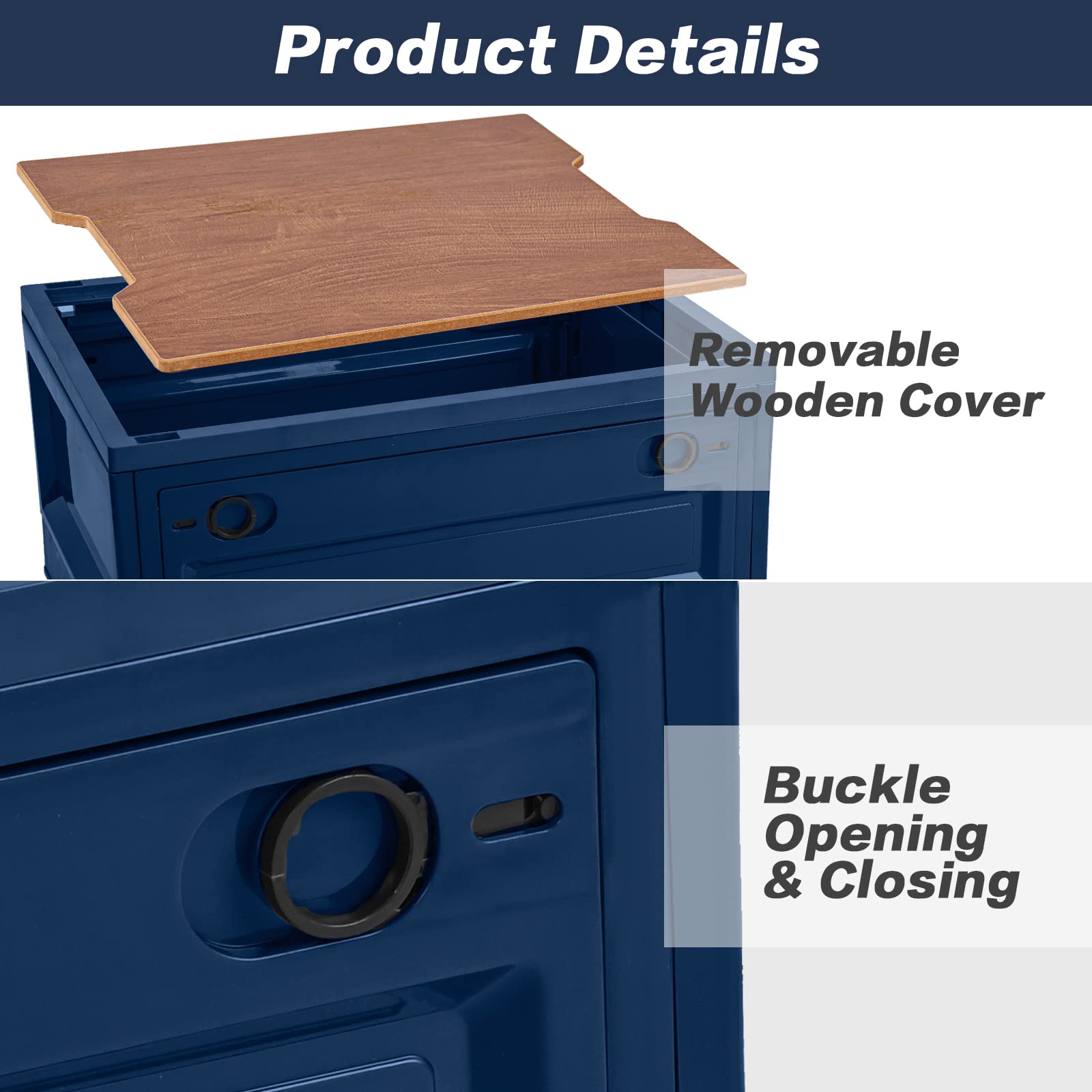 VOOVY Outdoor Camping Storage Case with Wooden Lid, Heavy Duty Folding Storage Box Large Foldable Plastic Storage Bins, for Outdoor Camping Picnic Indoor Home Room Closet(Navy Blue)