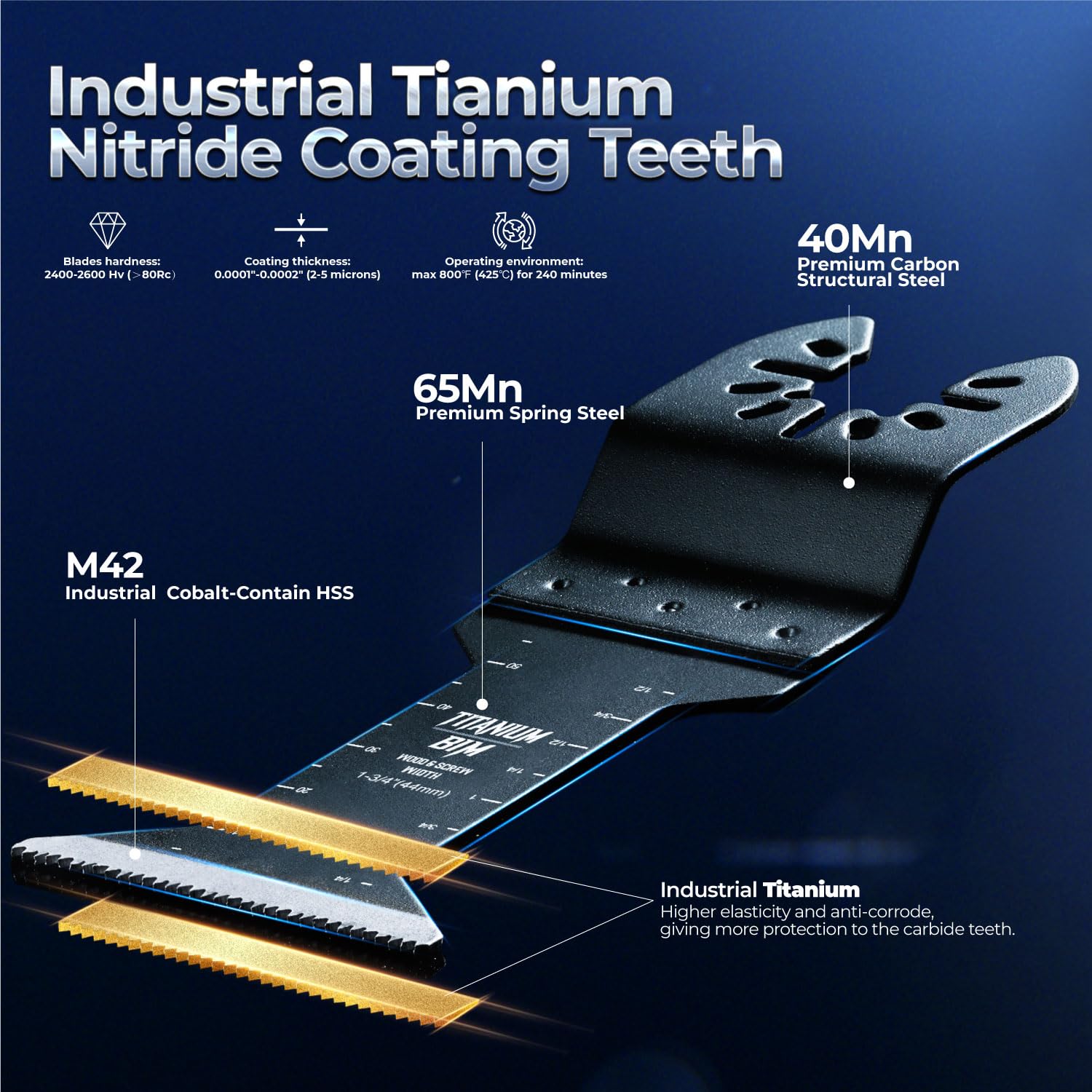 toolant Titanium Oscillating Saw Blades, 12pcs Multitool Blades Kit for Cutting Hard Material, Metal Nails, Wood, Plastic, Etc. Extra Long and Widen Blades for Fast Cutting, with Storage Case