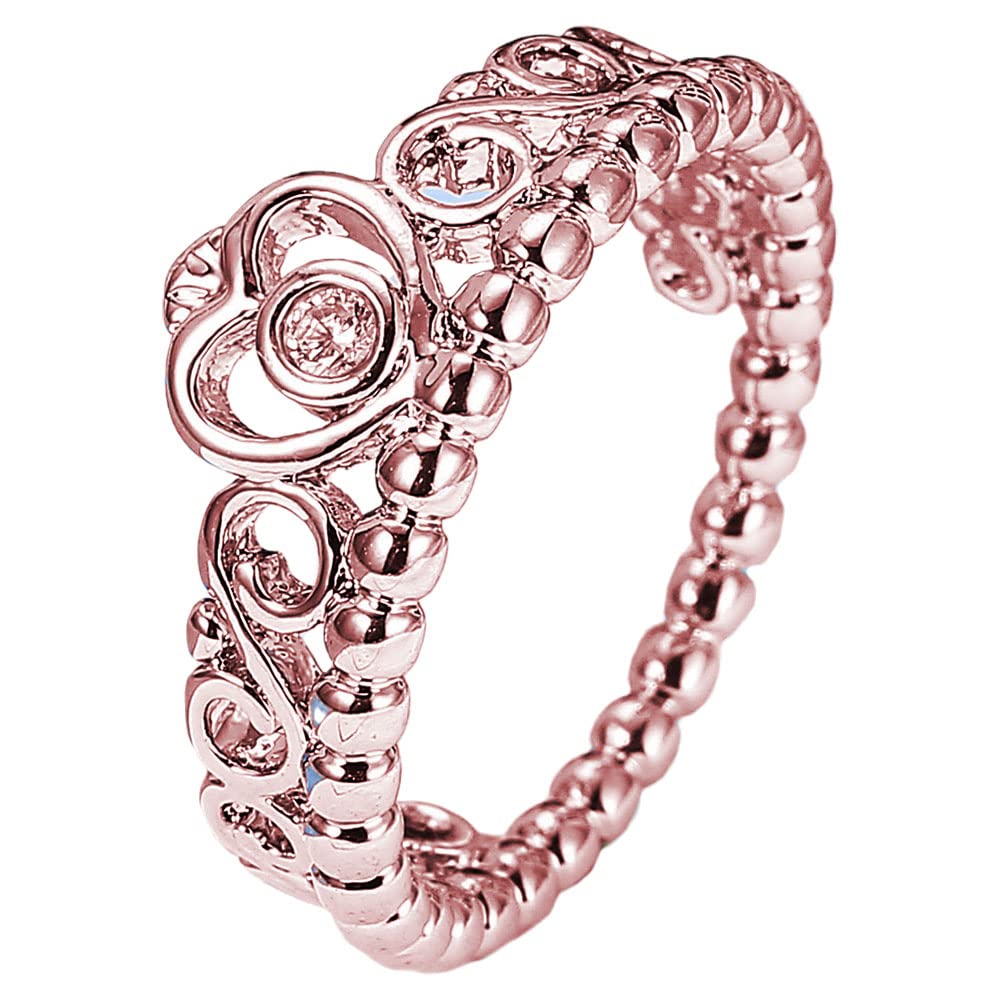 YOU&M Women's 925 Sterling Silver Crown Solitaire-Zirconia Bead Stackable Vintage My Princess Tiara Wedding Rings (10, 14K Rose Gold-Plated Silver)