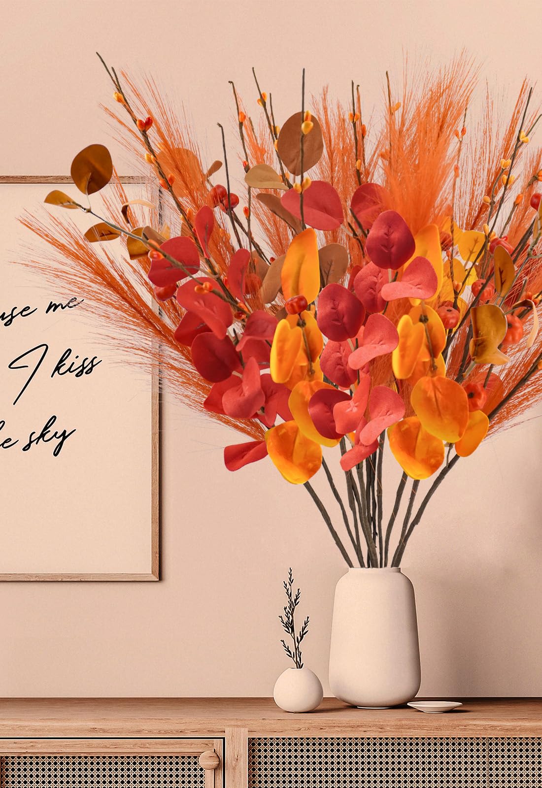 unlemoni 12Pcs 27.5" Artificial Fall Flowers Bouquets with Burnt Orange Pampas Grass & Berry Pumpkin & Fall Eucalyptus Leaves Stems, Fall Centerpieces for Tables Wedding Autumn Thanksgiving Decor