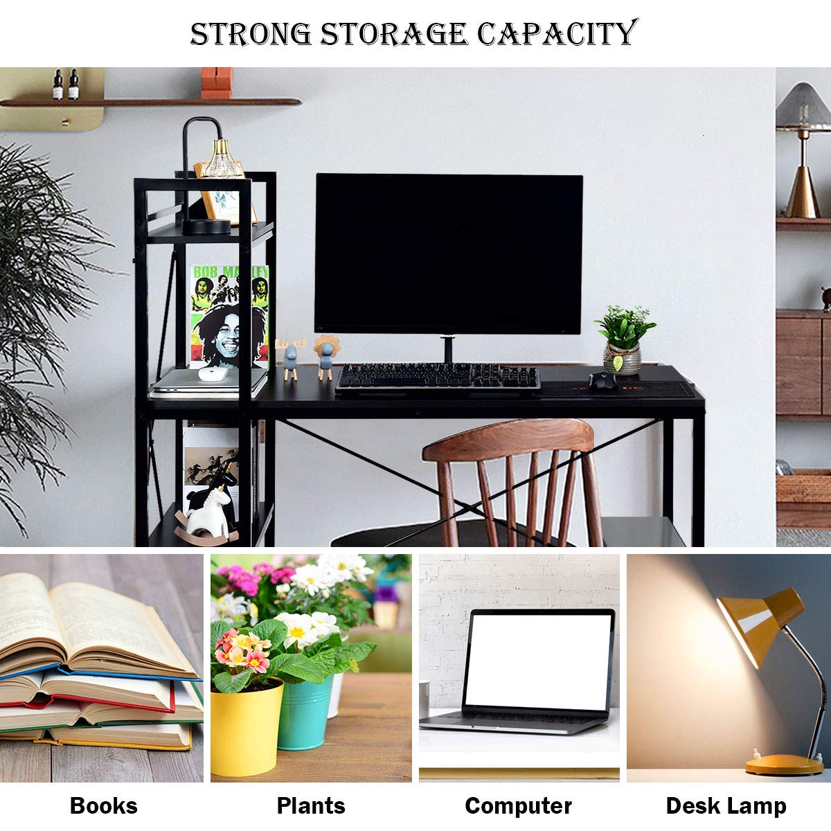 Tangkula Computer Desk with 4 Tier Shelves, Study Writing Table with Storage Bookshelves, Modern Compact Home Office Workstation, 47.5" Tower PC with Steel Frame & Adjustable Feet Pad