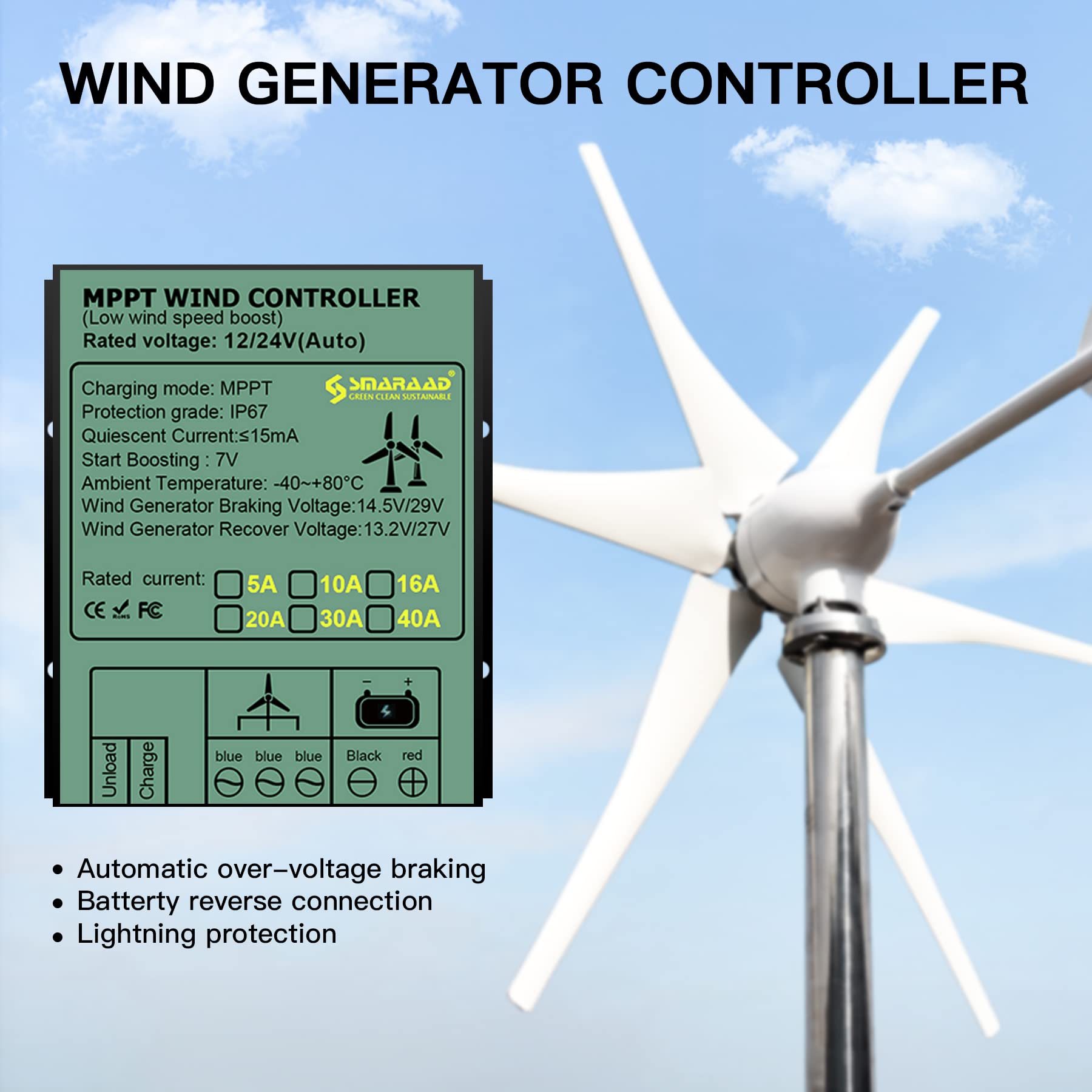 Smaraad MPPT Wind Turbine Charge Controller 12V/24V Auto Match, Mini Wind Generator Controller with IP67 Waterproof Suitable for 300W 400W 500W 600W Wind Turbine System, 3.1x3.2x2.6 Inches