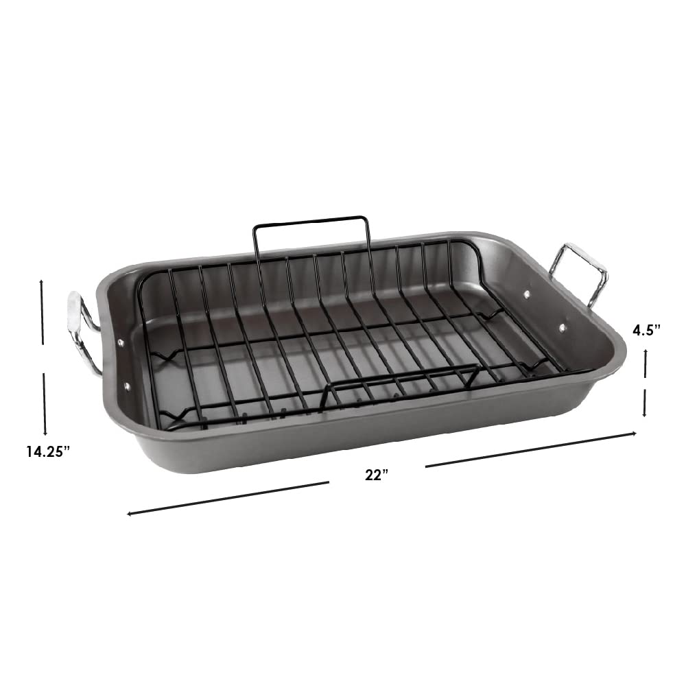 Turkey Roasting Pan With Rack (Grey/Black), By Home Basics | Carbon Steel Non-Stick Pan With Handles | 20" Roaster Great For Ham, Roast Beef, and Prime Rib, Gray, 22"x14.25"