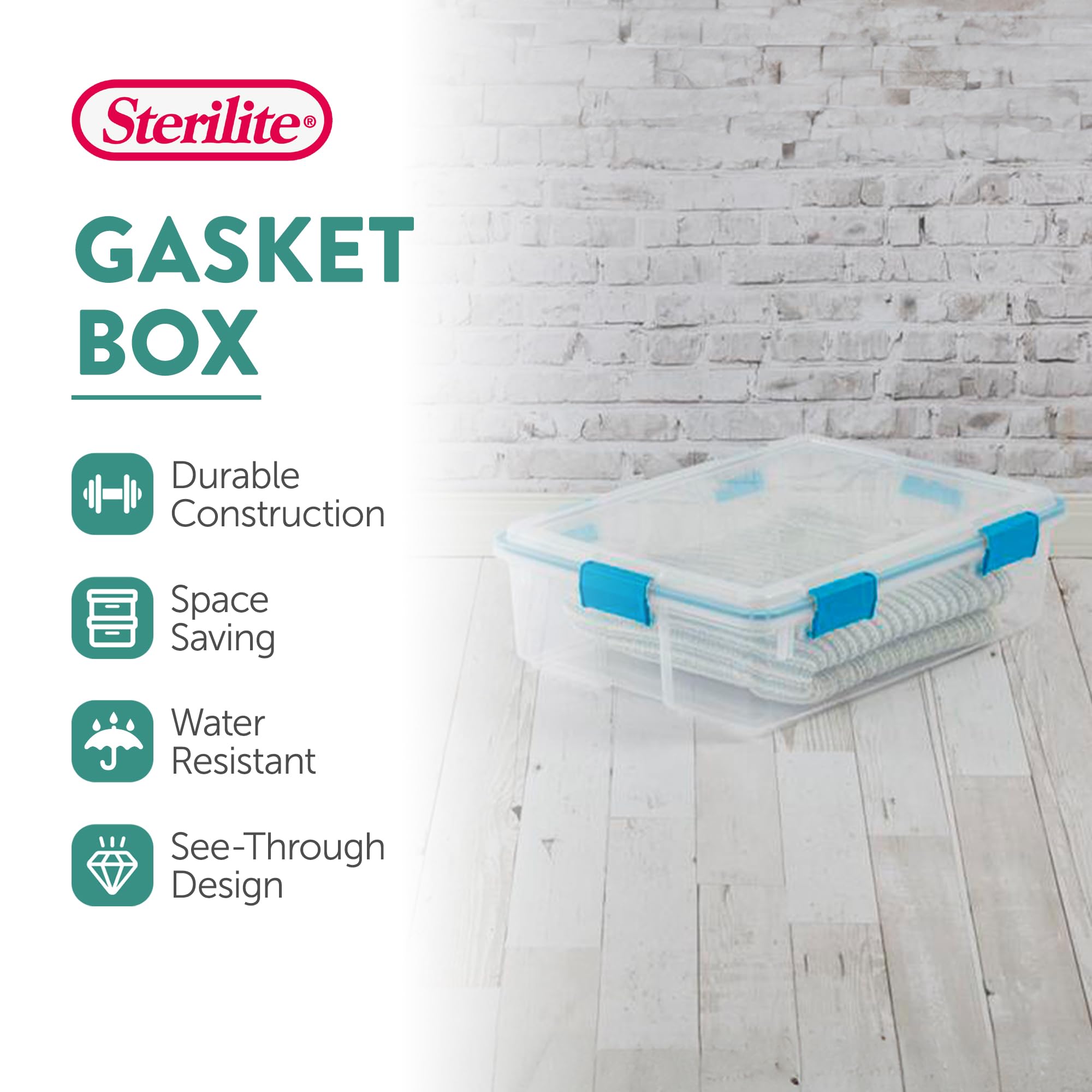 Sterilite Gasket Box, Stackable Storage Bin with Latching Lid, 37 Quart, 12 Pack